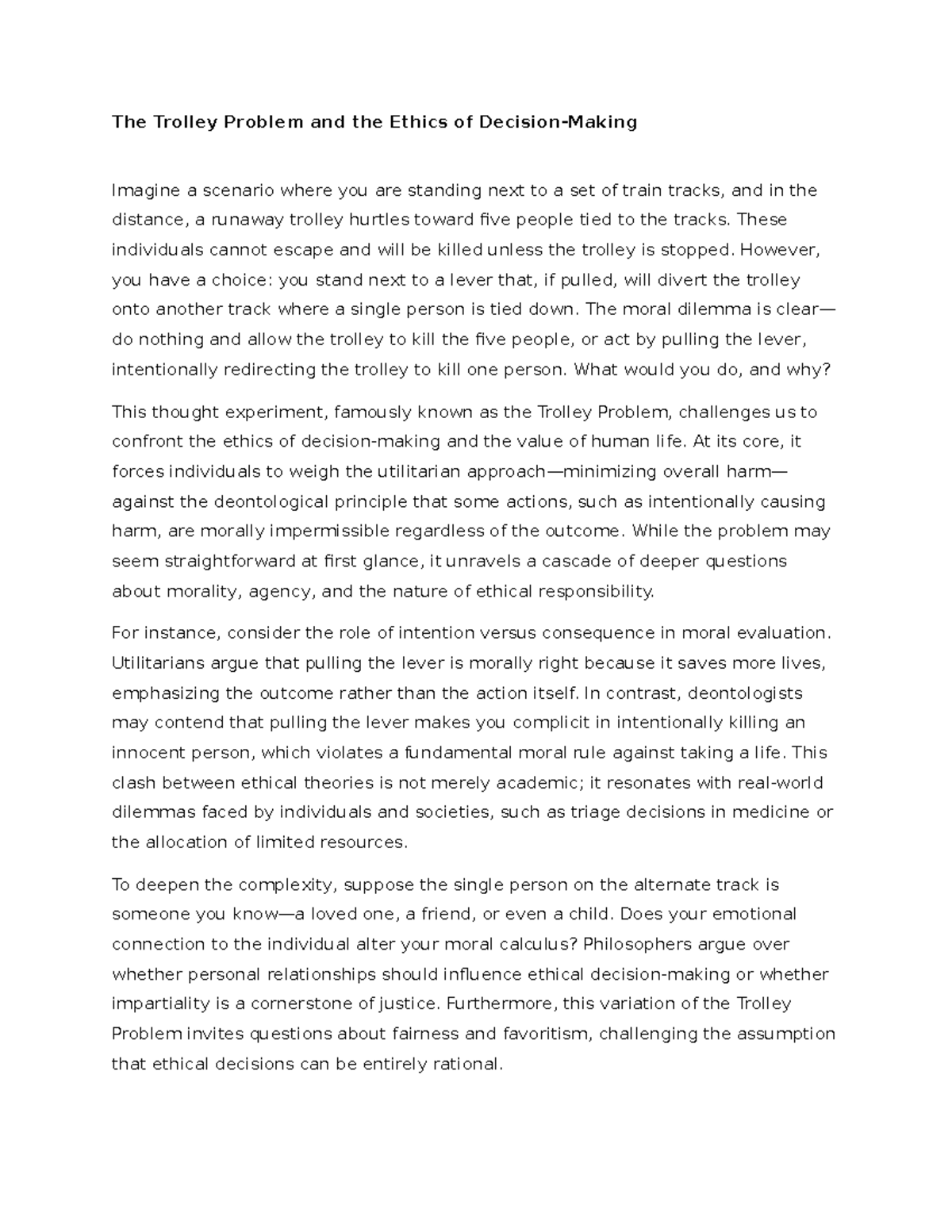 Ethics in Action: The Trolley Problem Explained (PHIL 101) - Studocu