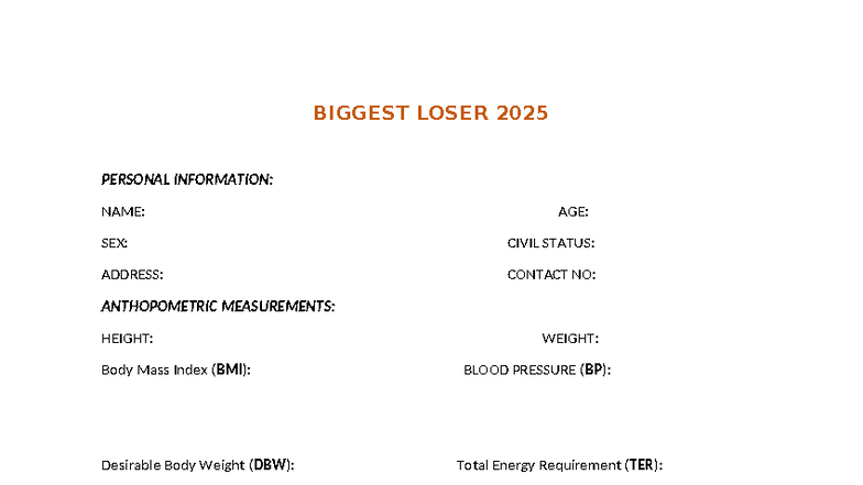 Biggest Loser 2025 - FORM - BIGGEST LOSER 2025 PERSONAL INFORMATION ...