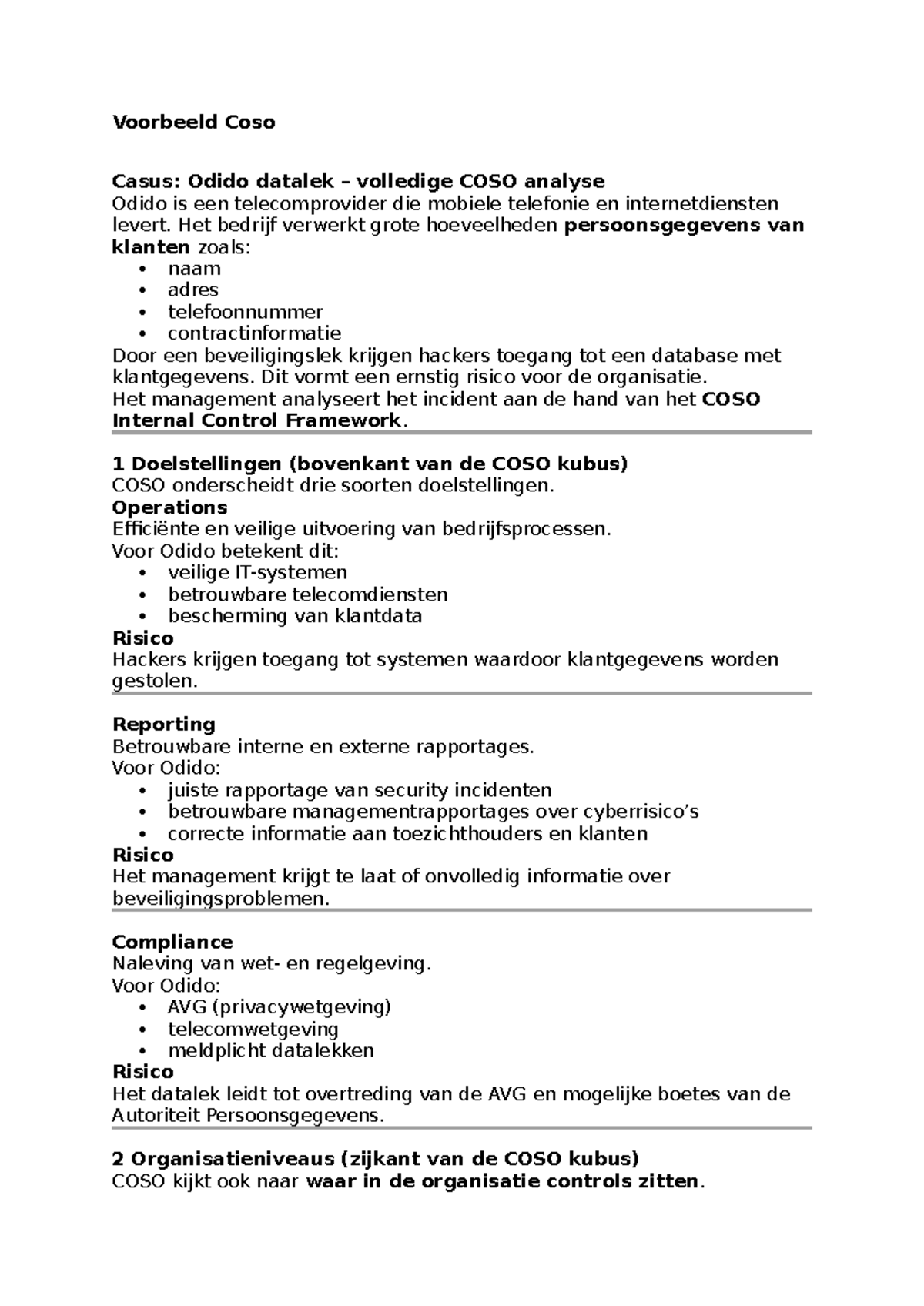 Voorbeeld COSO Analyse: Odido Datalek en Risicobeheer Samenvatting ...