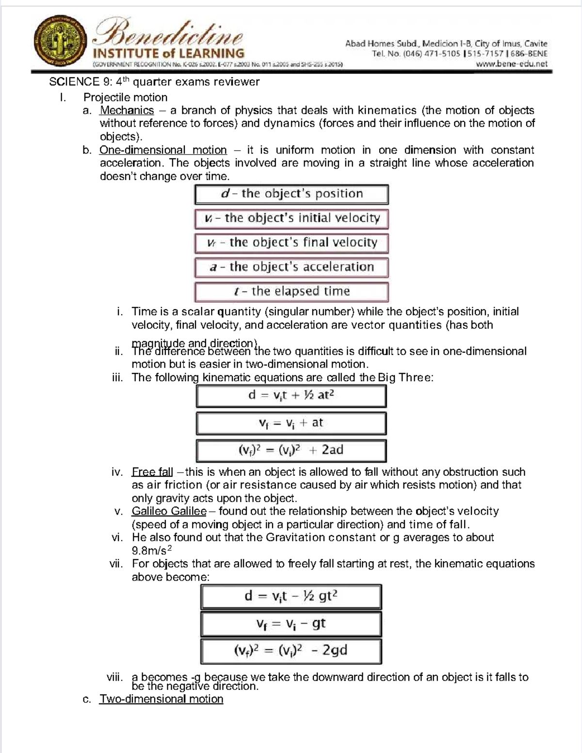 SCIENCE 9: 4th Quarter Exam Reviewer on Projectile Motion - Studocu