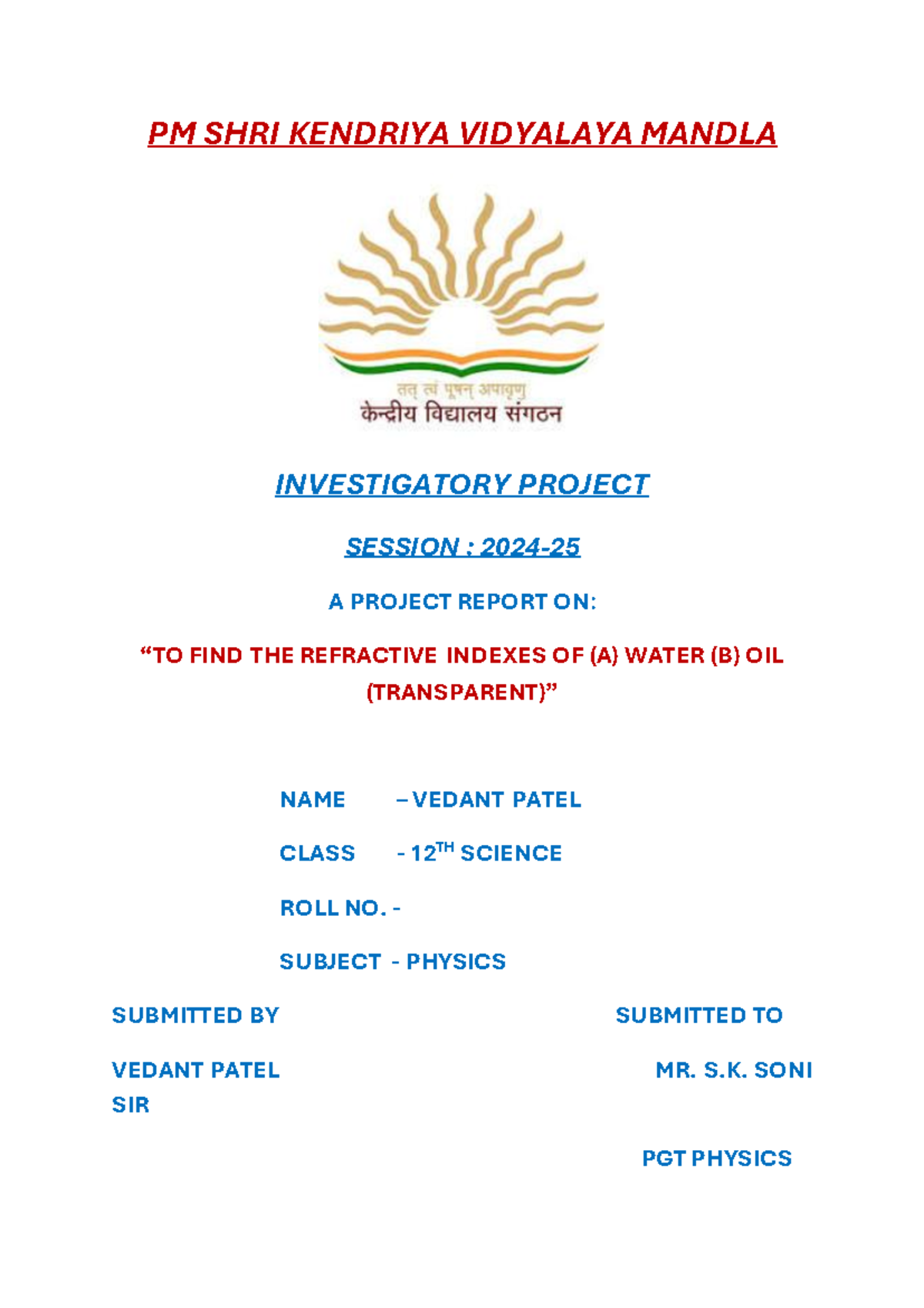 PHYSICS 12TH: Investigatory Project on Refractive Index of Water & Oil ...