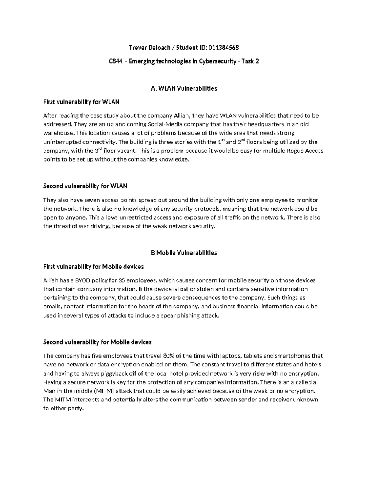 C844 Task 2 - WLAN & Mobile Vulnerabilities in Cybersecurity - Studocu