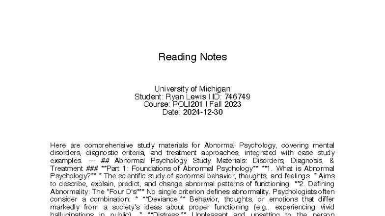 POLI201 Fall 2023: Abnormal Psychology Study Notes and Case Studies ...