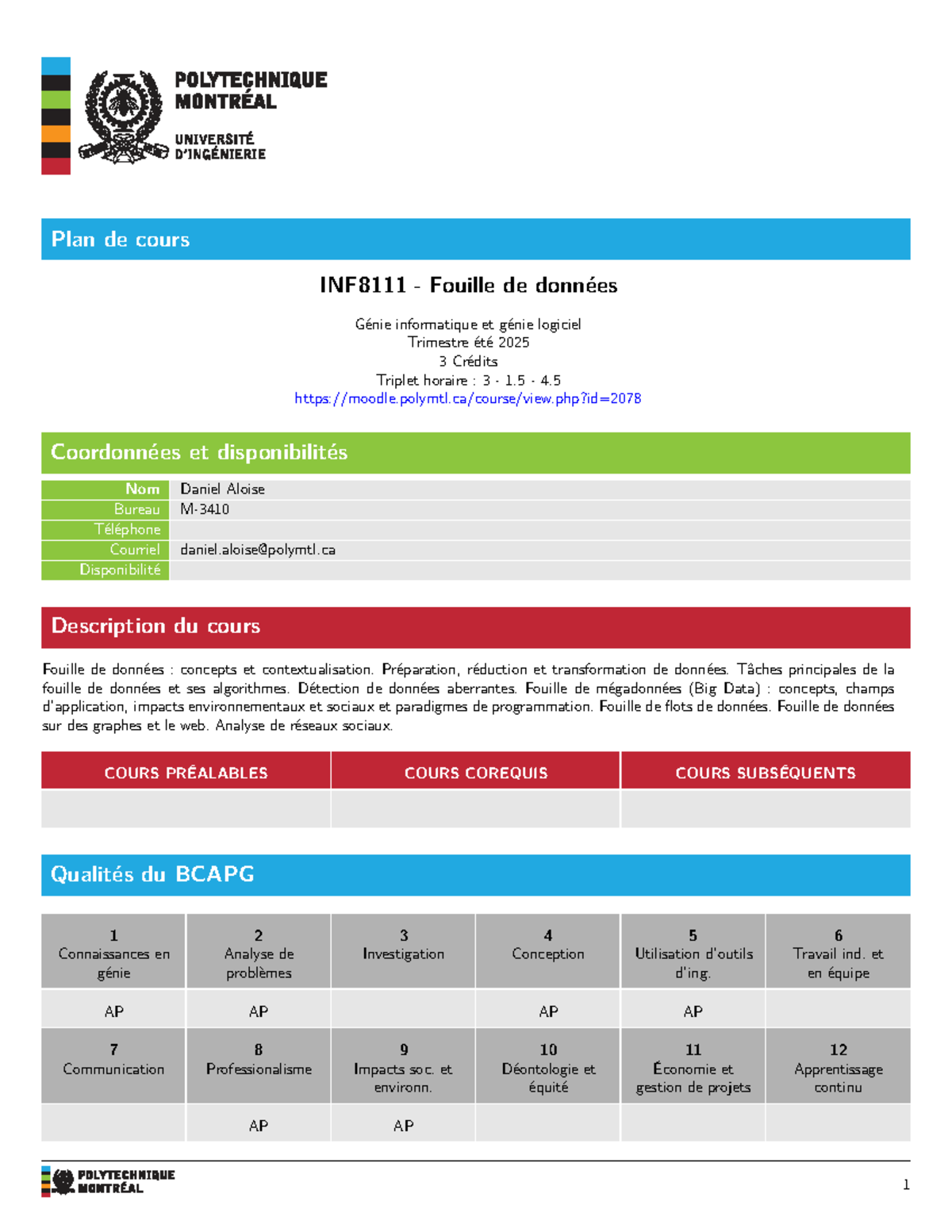 Plan de cours INF-1234: Fouille de données - Été 2025 (3 Crédits) - Studocu