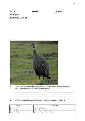 Die tarentaal - Gedig analise en interpretasie - Studocu