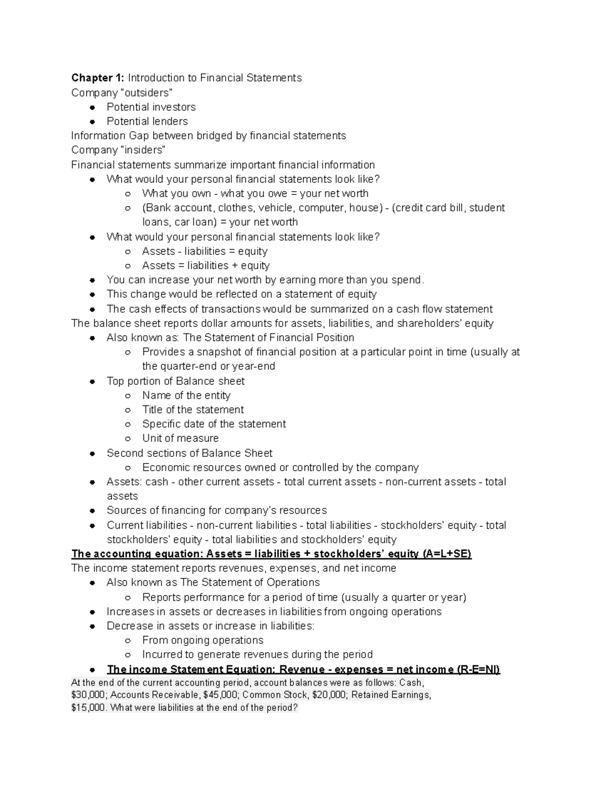 Financial Accounting: Chapter 1 - Intro to Financial Statements - Studocu