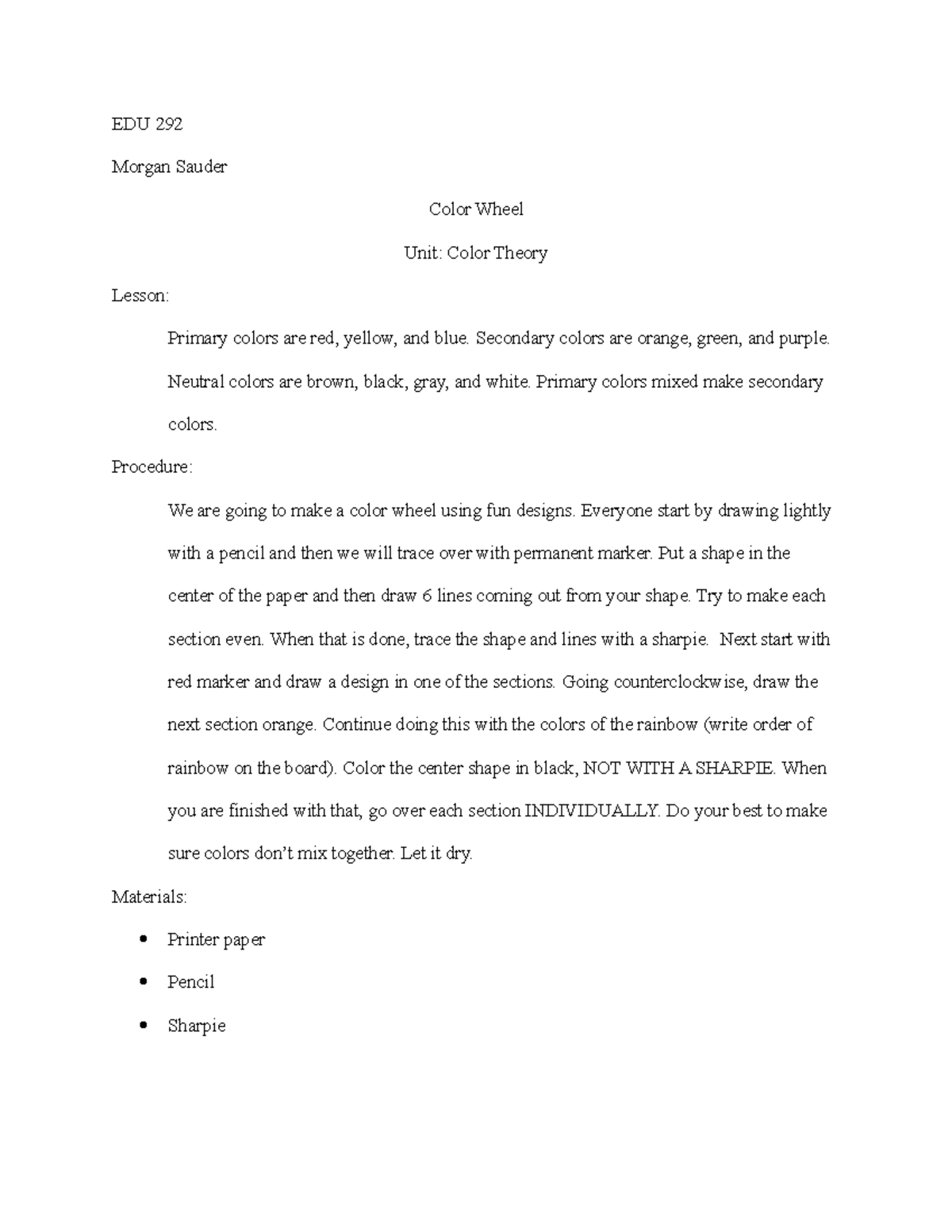 Color wheel - Lesson plan - EDU 292 Morgan Sauder Color Wheel Unit ...