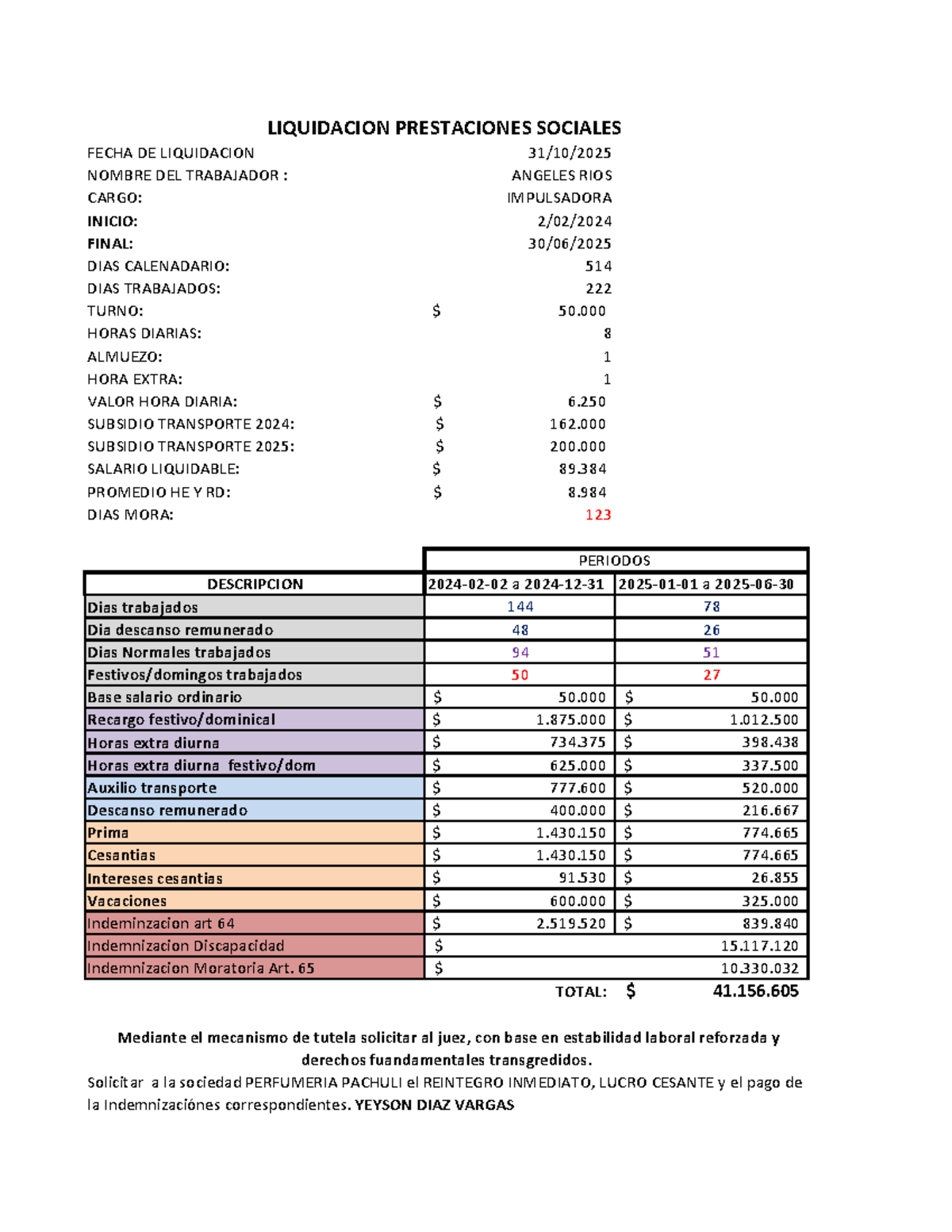 Liquidación Laboral - Prestaciones Sociales y Reintegro YEYSON DIAZ ...