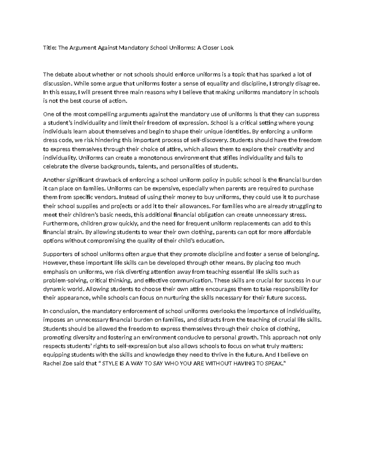 Argumentative-essay 2 - Title: The Argument Against Mandatory School ...