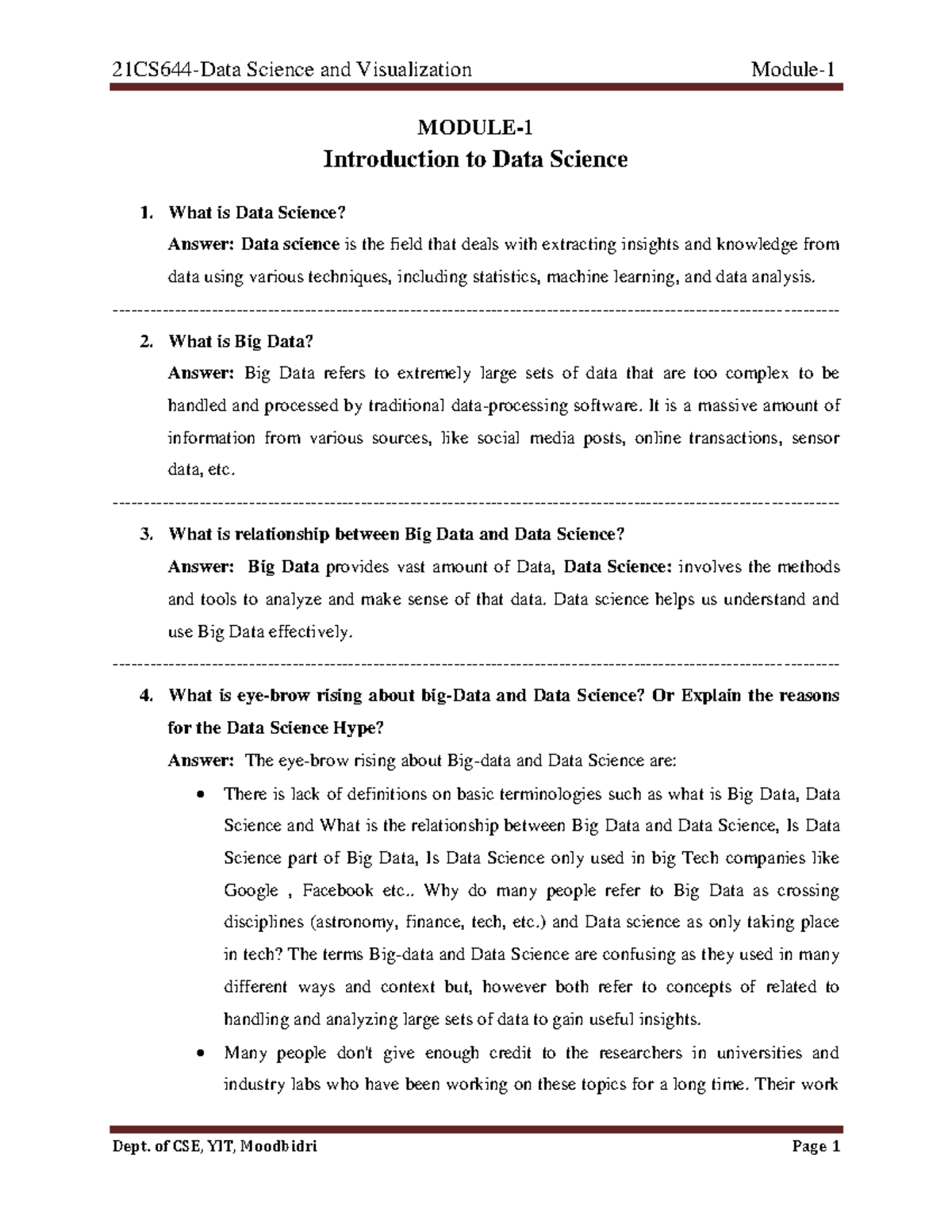 DSV- Module 1 - Introduction to Data Science Insights and Key Concepts - Studocu