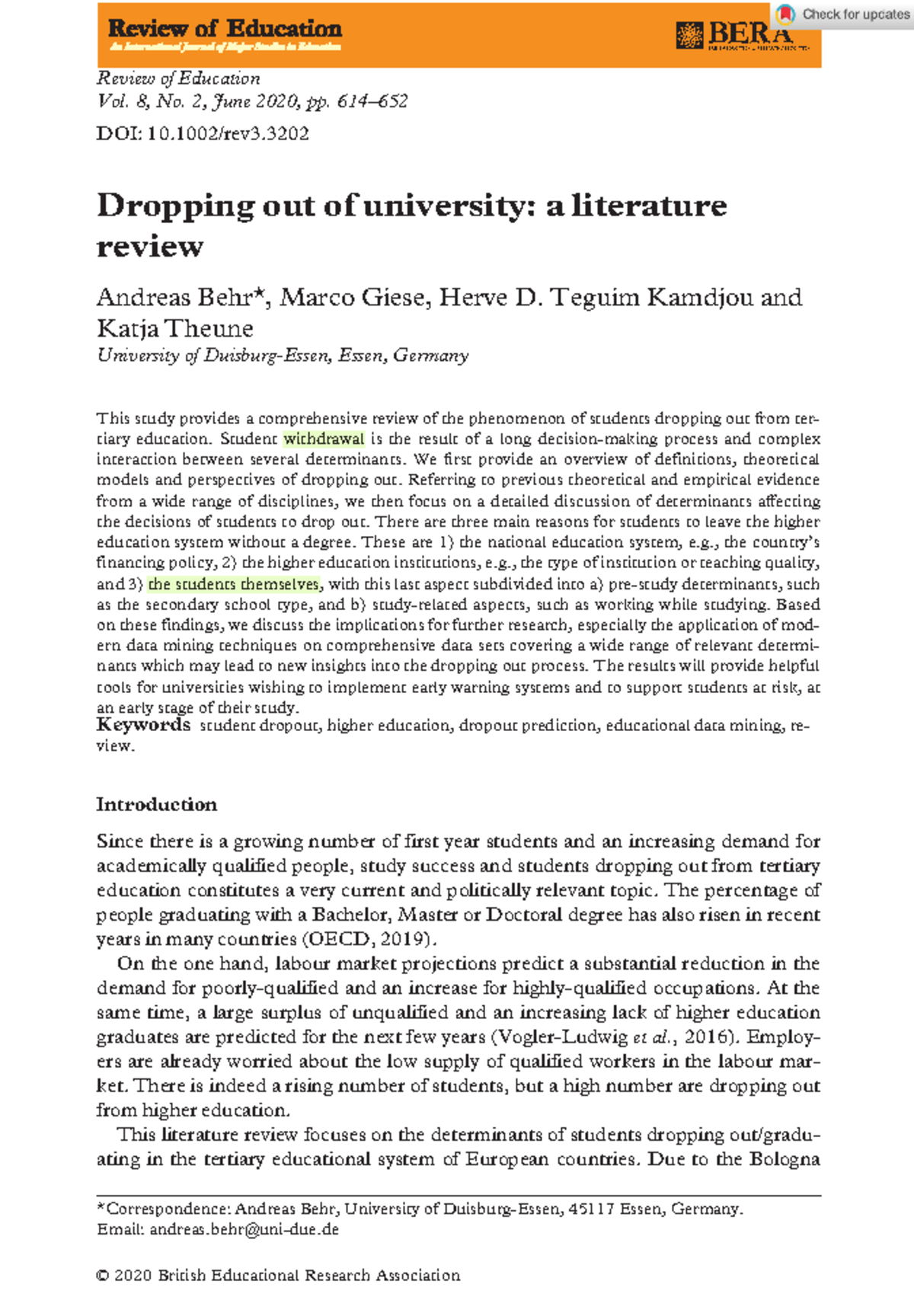 1. Review of Education - 2020 - Behr - Dropping out of university a ...