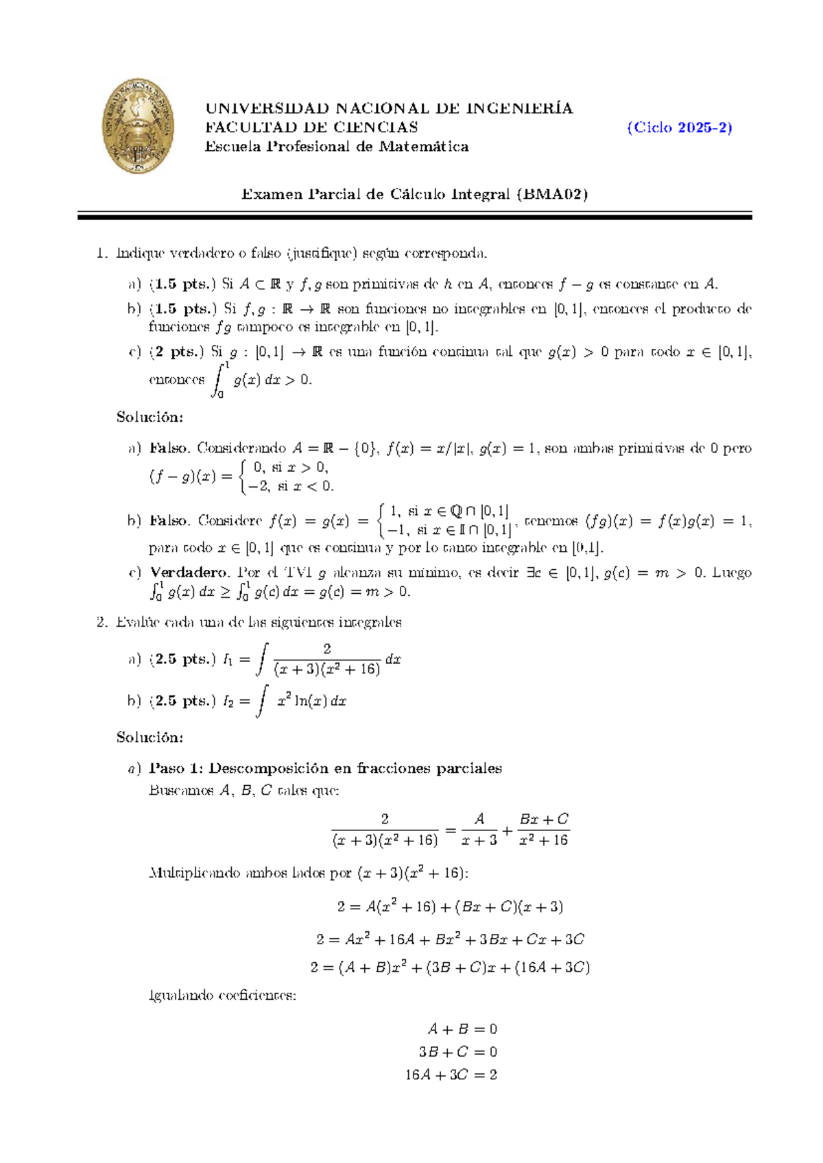 Examen Parcial de Cálculo Integral (BMA02) - Solucionario 2025-II - Studocu
