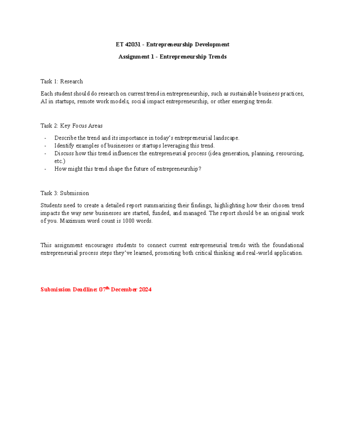 ET 42031 Entrepreneurship Development: Trends in Entrepreneurship - Studocu