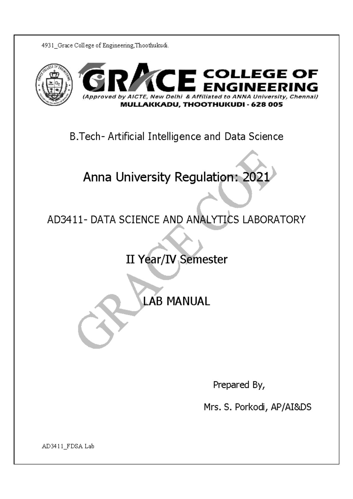AD3411_FDSA Lab Manual: Data Science & AI Experiments at Grace College ...