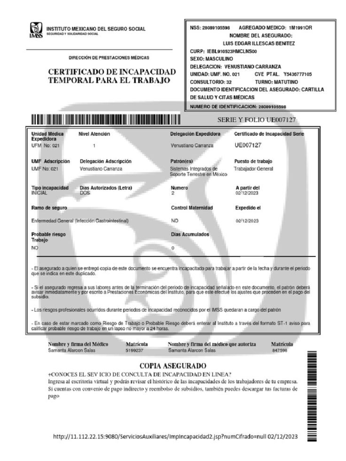 Certificado de Incapacidad IMSS - Luis Edgar Illescas Benitez - Studocu