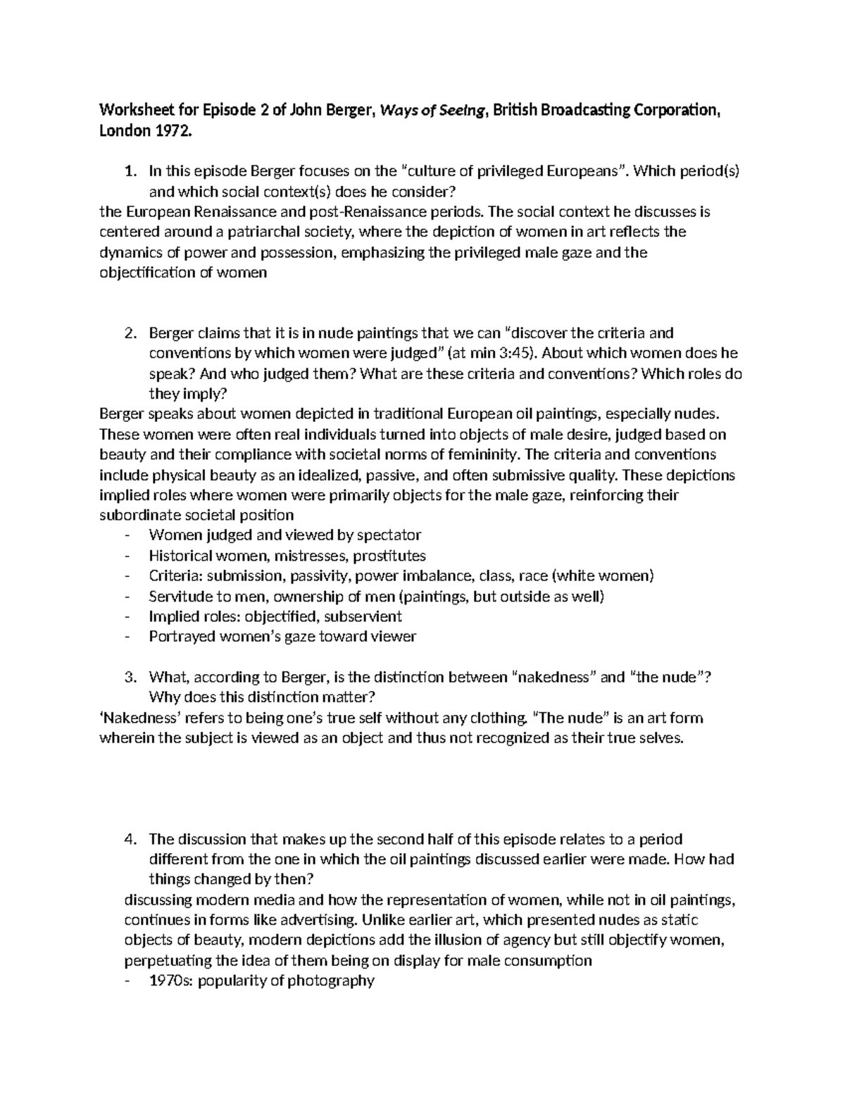 Worksheet for Ways of Seeing - Worksheet for Episode 2 of John Berger ...