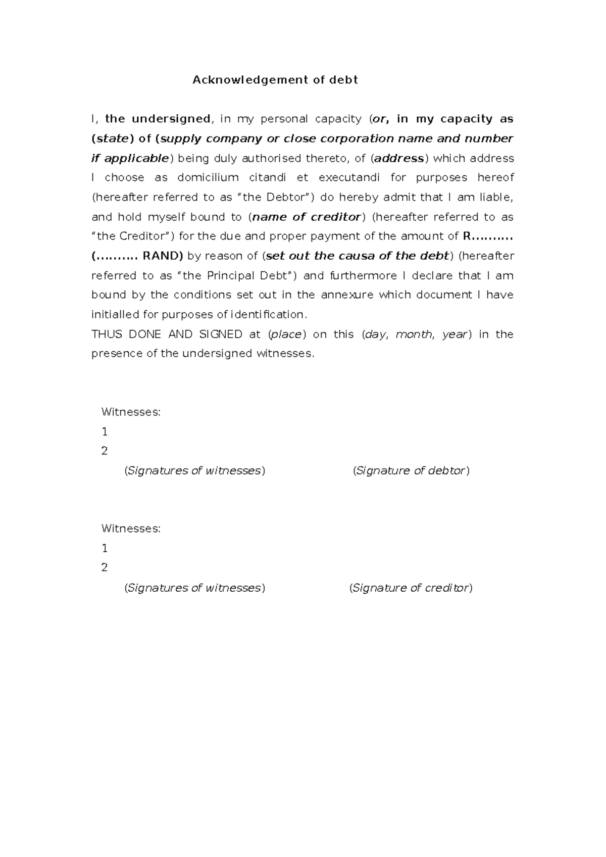 Acknowledgement of Debt Template - Legal Document - Studocu