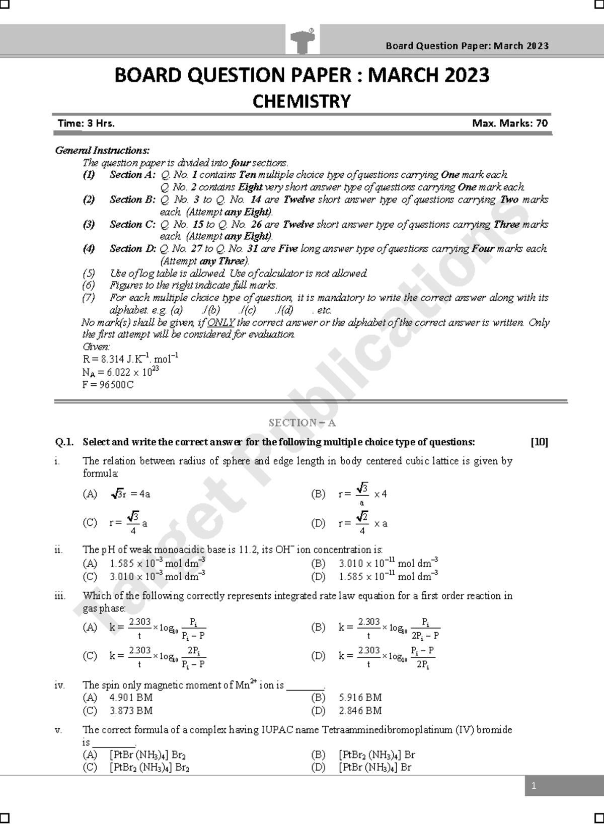 Chemistry Board Question Paper: March 2023 - Max Marks 70 - Studocu