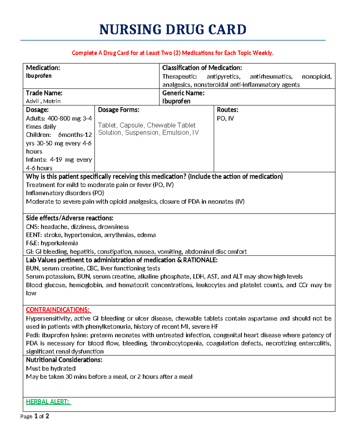 NUR 101 Drug Card: Ibuprofen Pharmacology & Key Considerations - Studocu