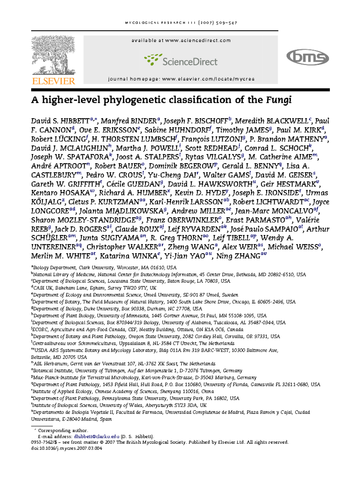 A Higher-Level Phylogenetic Classification of the Fungi (2007) - Studocu