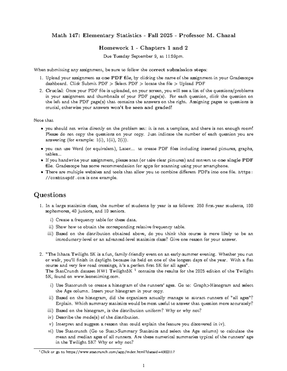 Math 147: Homework 1 - Chapters 1 & 2 Instructions and Questions - Studocu