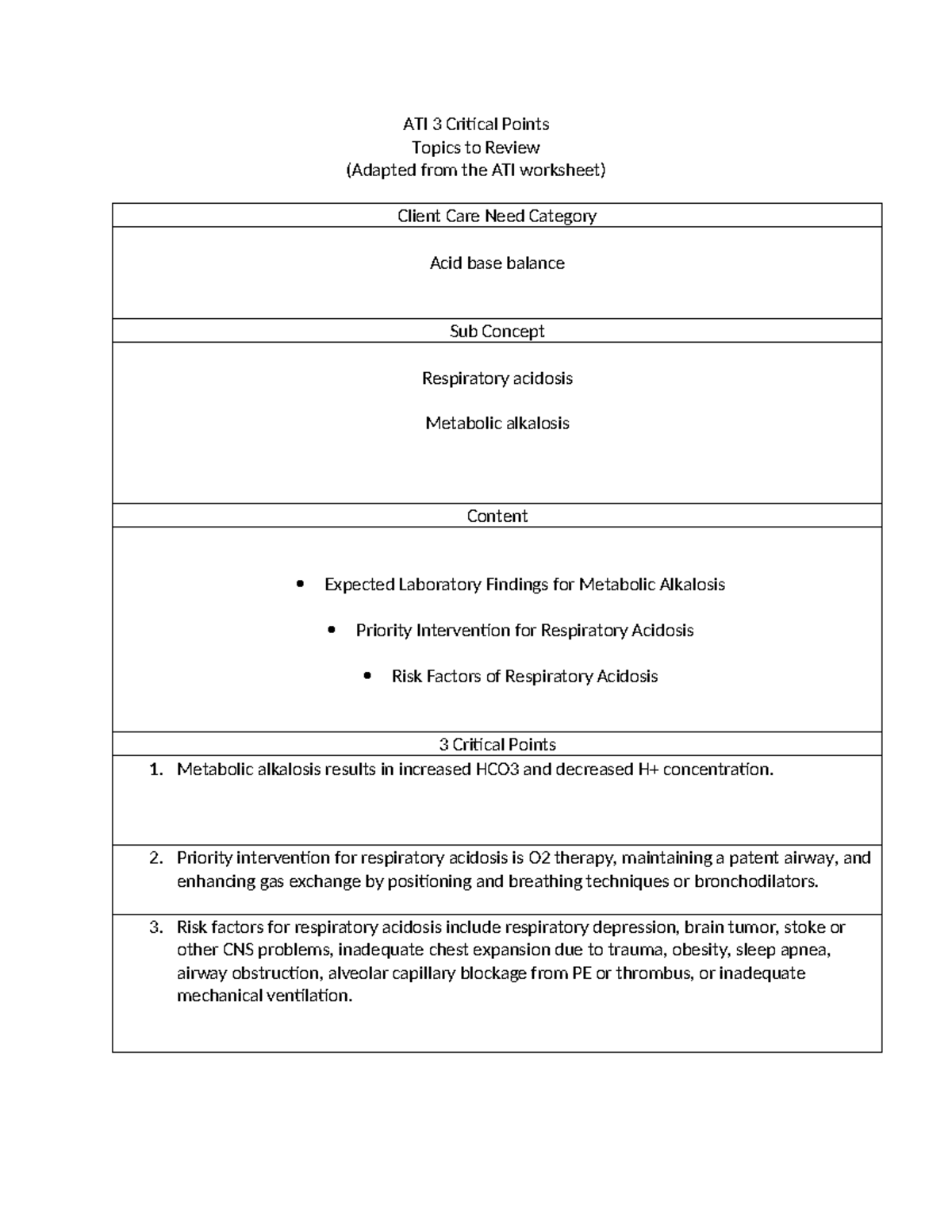 Acid bas balance remediation - ATI 3 Critical Points Topics to Review ...