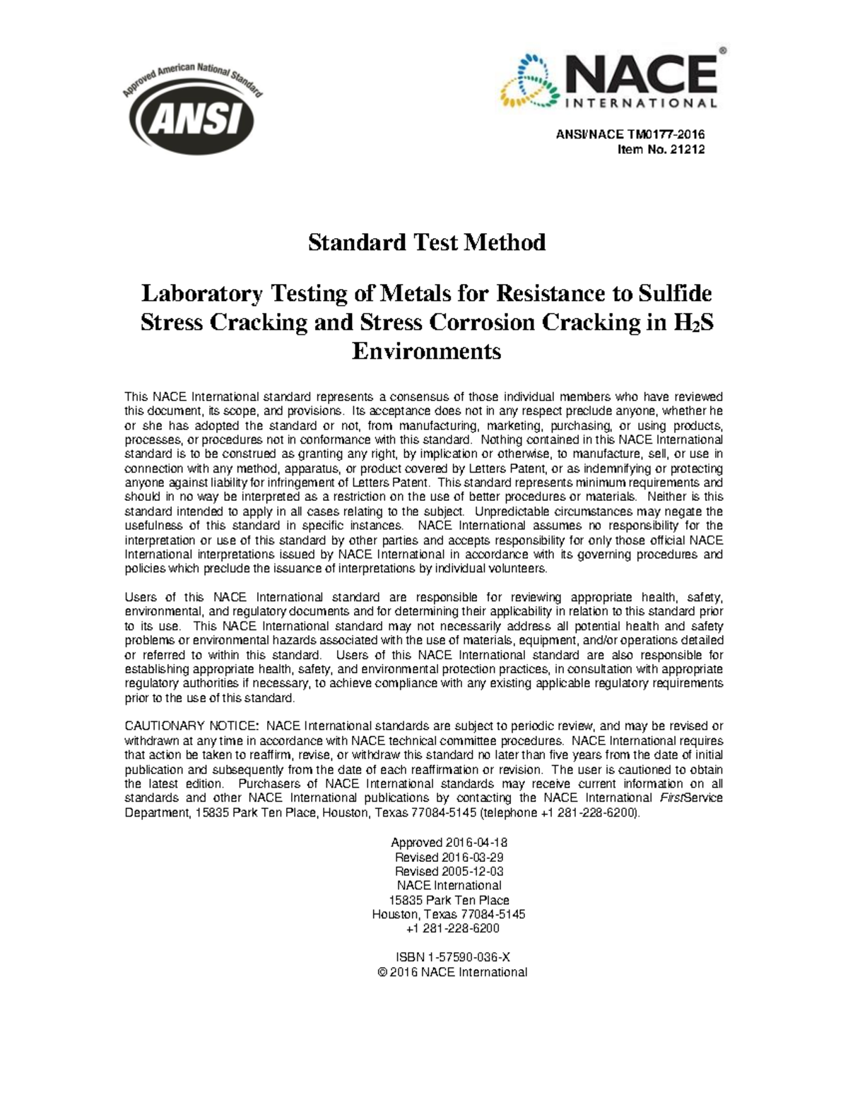 NACE 0177: Standard Test Method for Metals in H2S Environments - Studocu