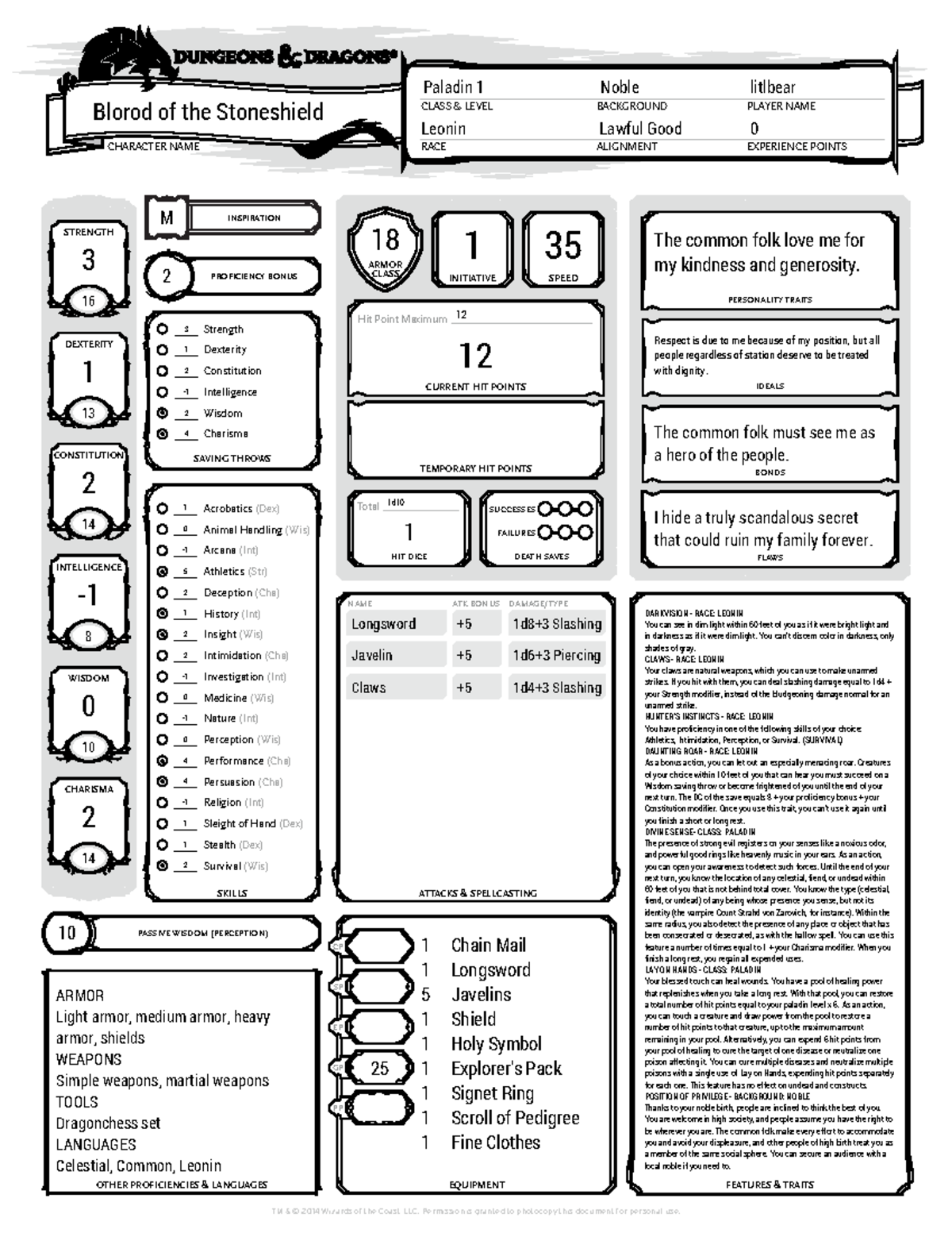 Blorod of the Stoneshield: Leonin Paladin Character Sheet - Studocu