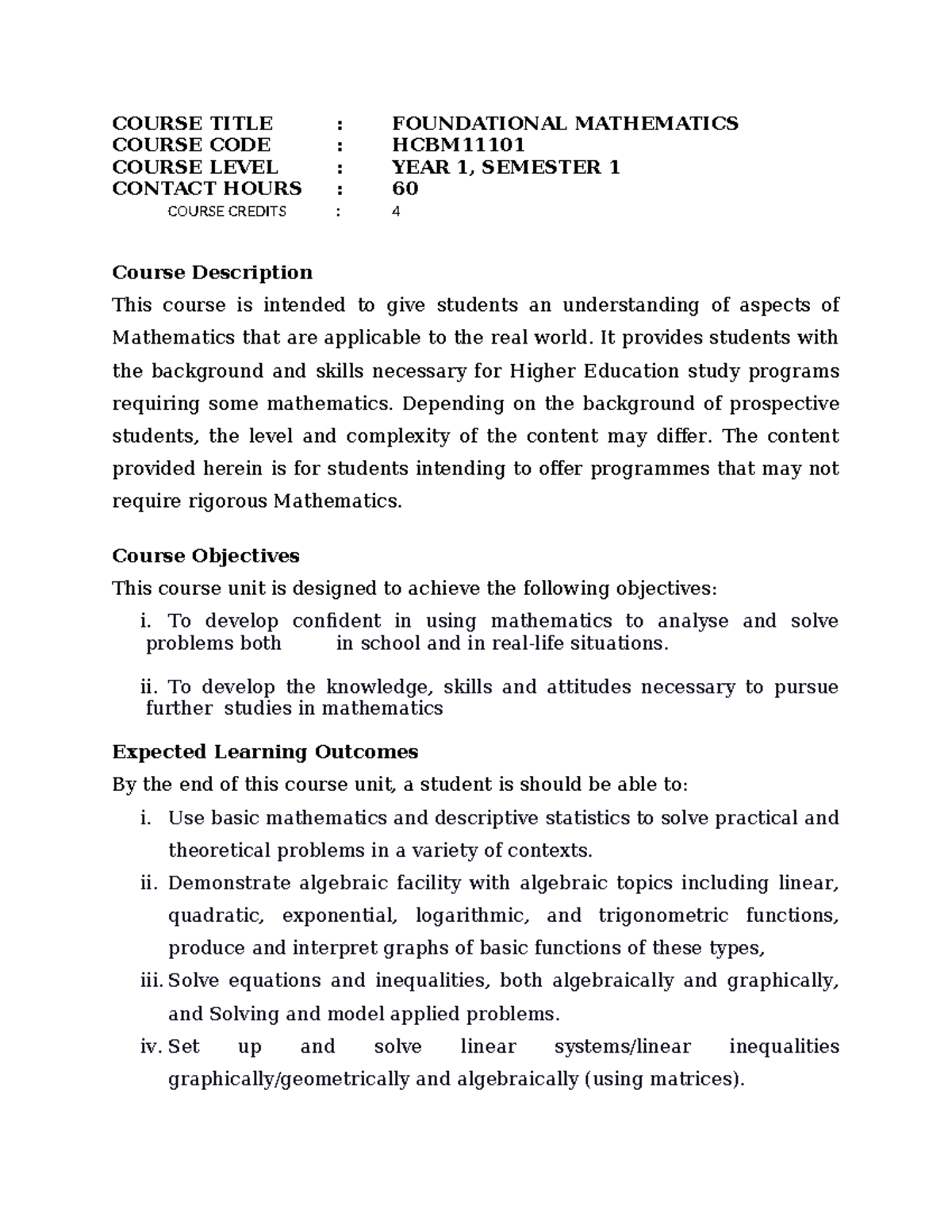 Foundational Mathematics Course Outline HCBM - Year 1, Sem 1 - Studocu