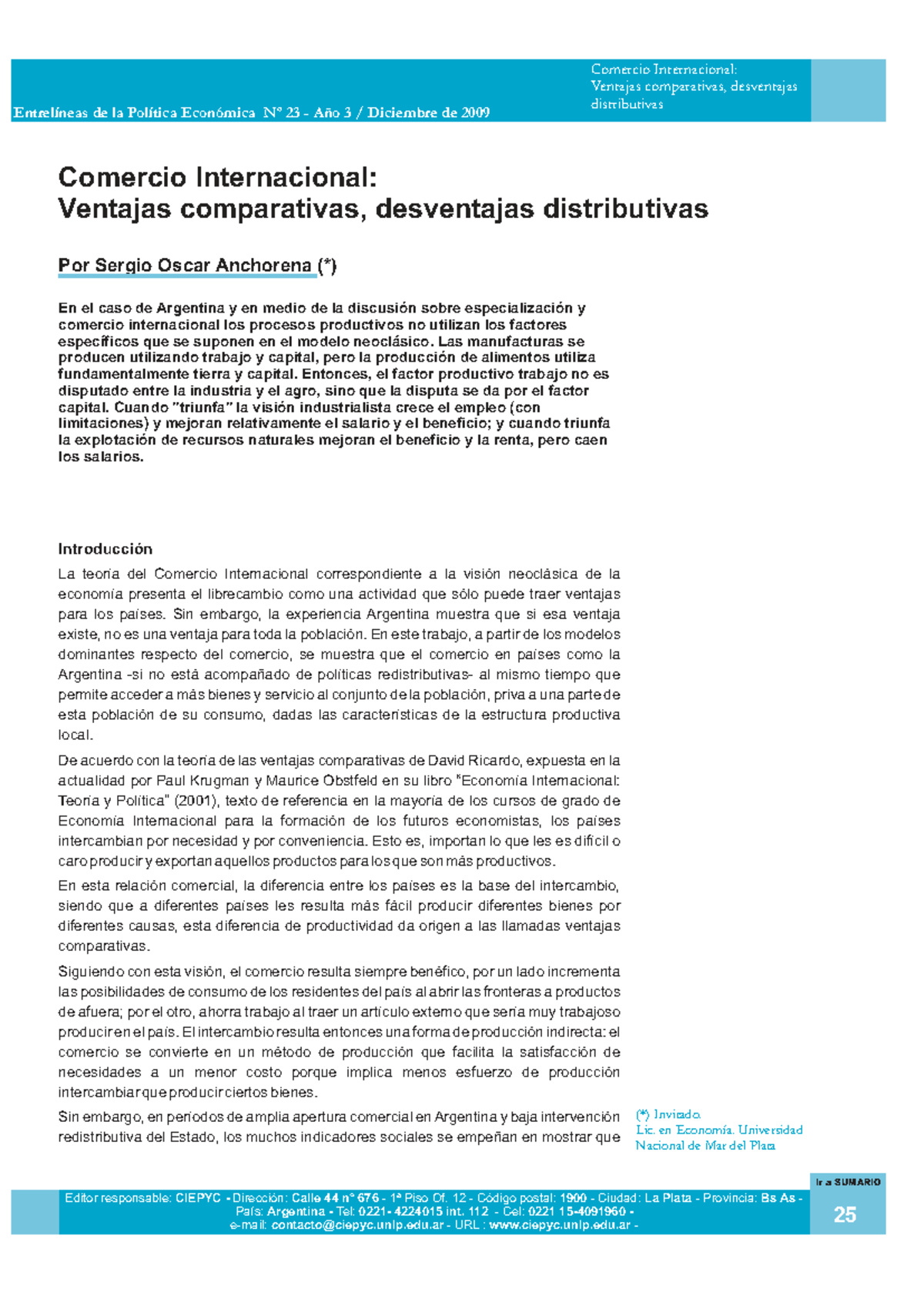Comercio Internacional: Ventajas Comparativas y Desventajas Distributivas (Nº - Studocu