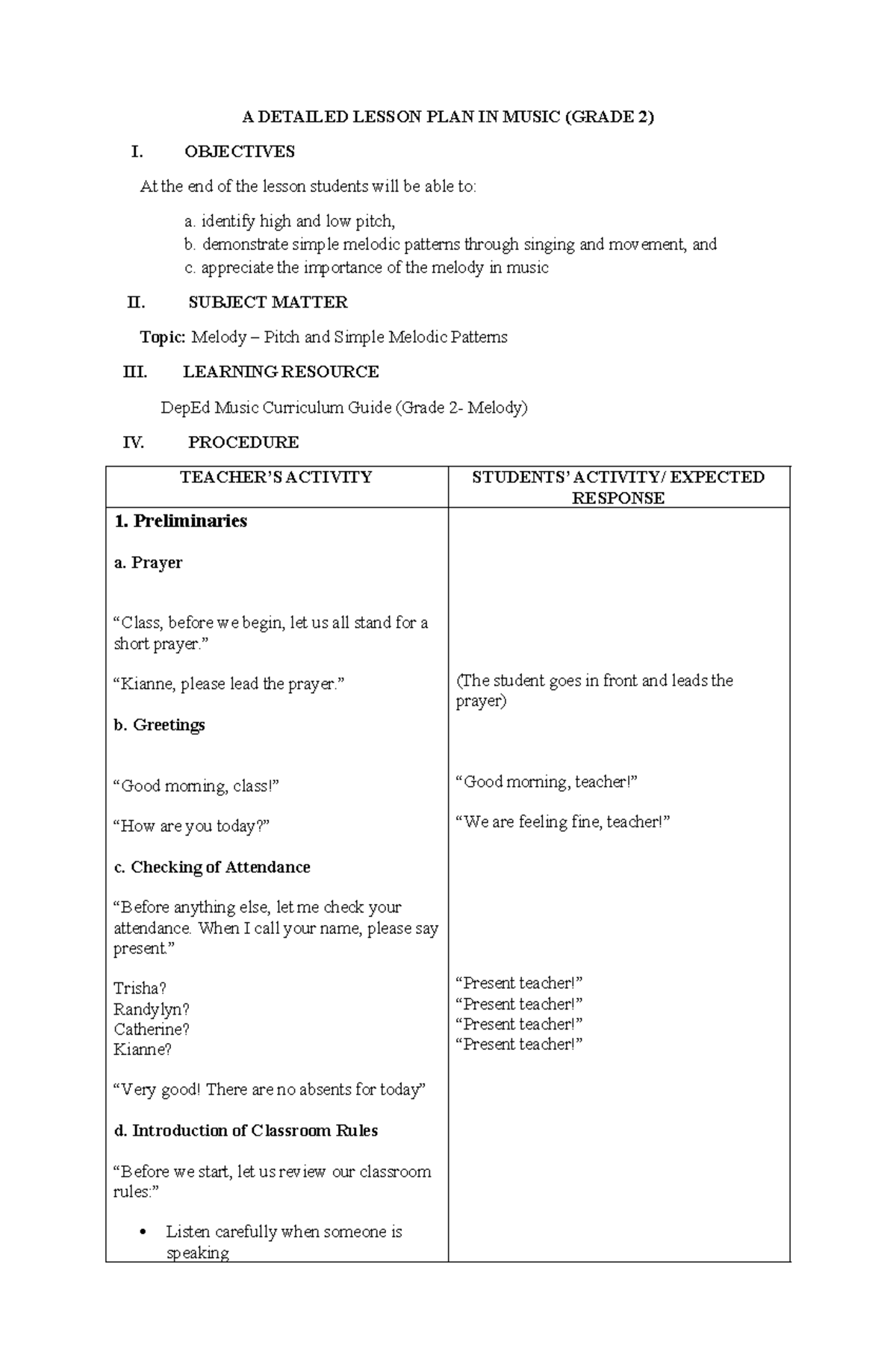 Grade 2 Music Lesson Plan: Understanding Melody & Pitch - Studocu