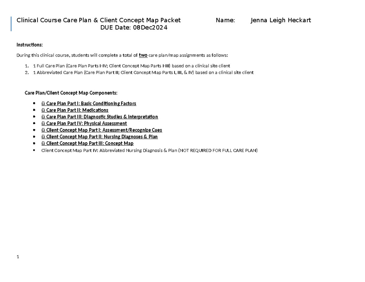 Clinical II-FULL Care Plan - DUE Date: 08Dec Instructions: During this ...