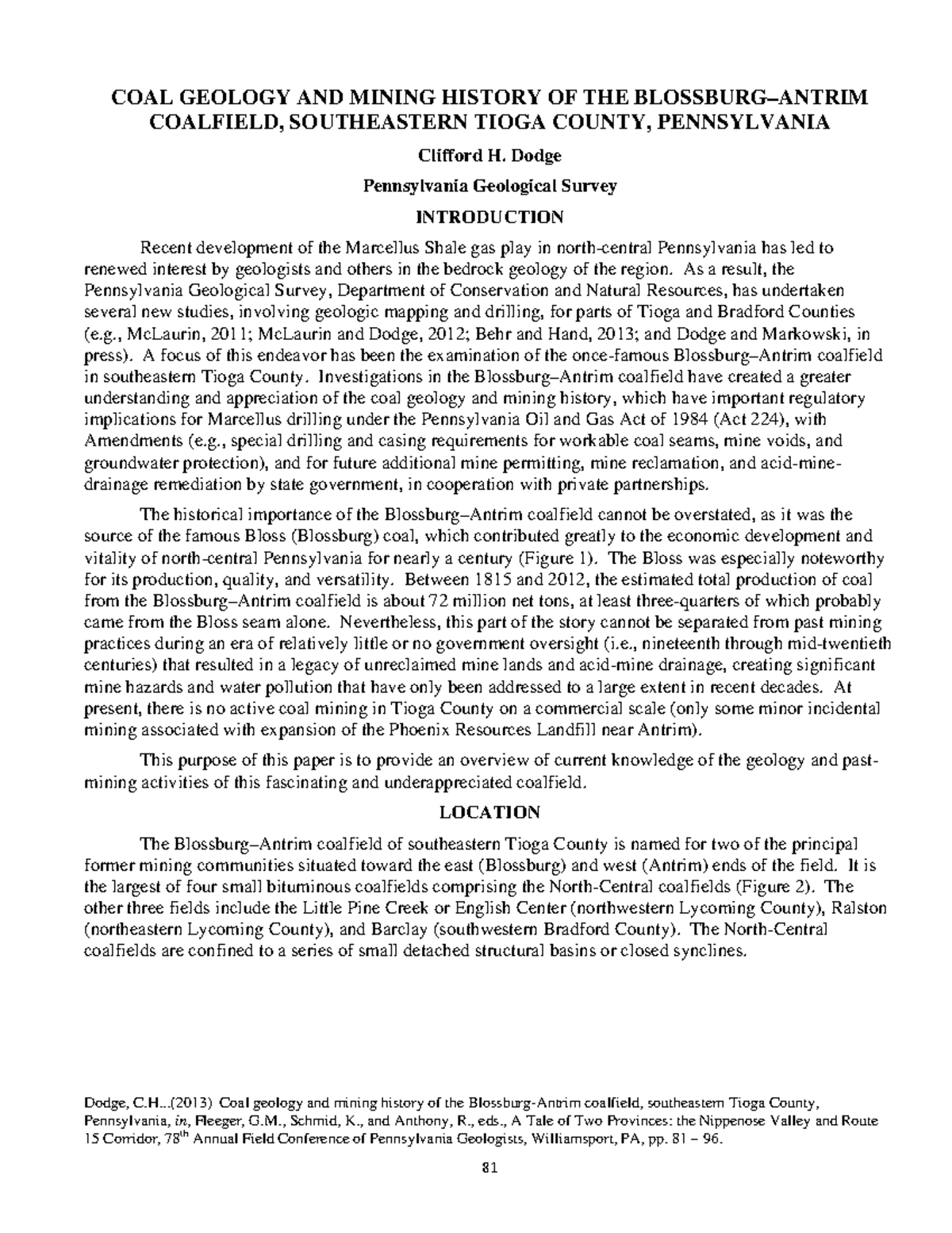 COAL GEOLOGY AND MINING HISTORY OF THE BLOSSBURG-ANTRIM COALFIELD, PA ...