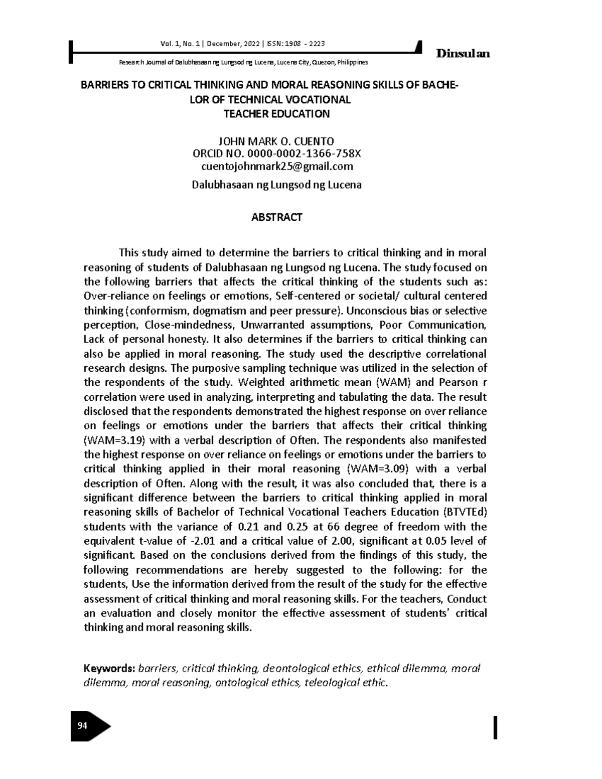 Barriers to Critical Thinking & Moral Reasoning Skills in BTVTEd ...