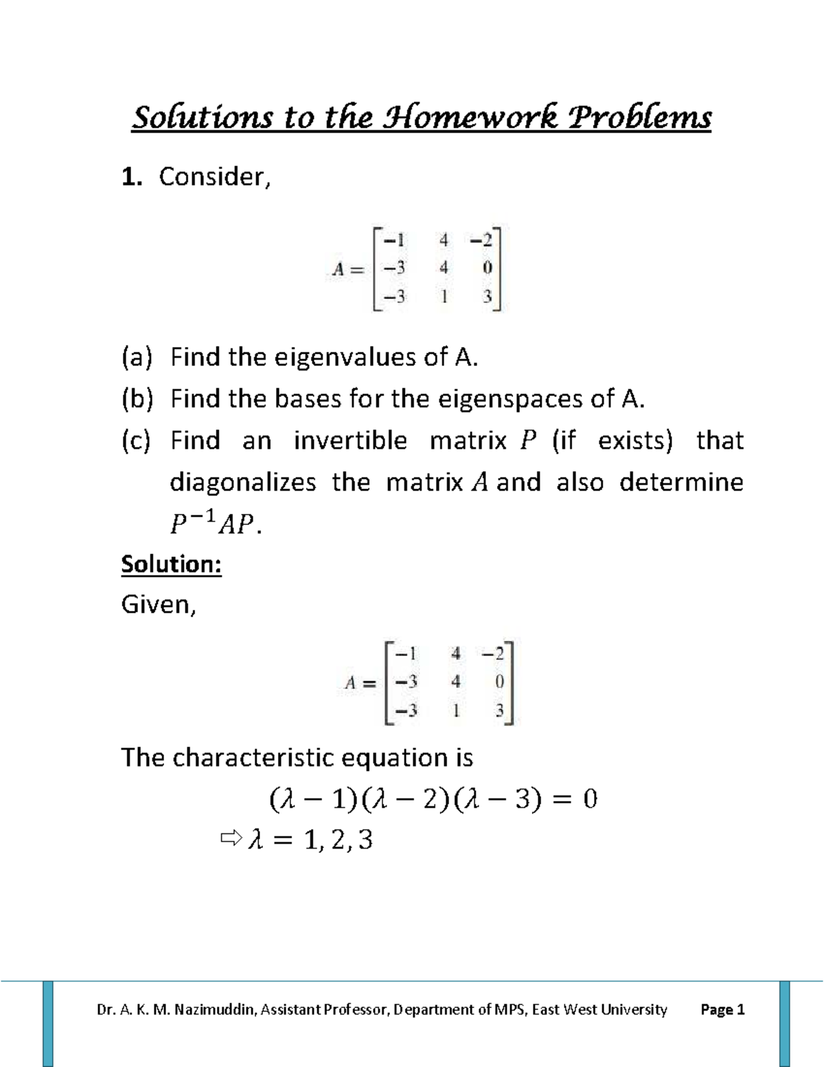 Solutions to Homework Problems: Eigenvalues & Eigenspaces (MPS) - Studocu