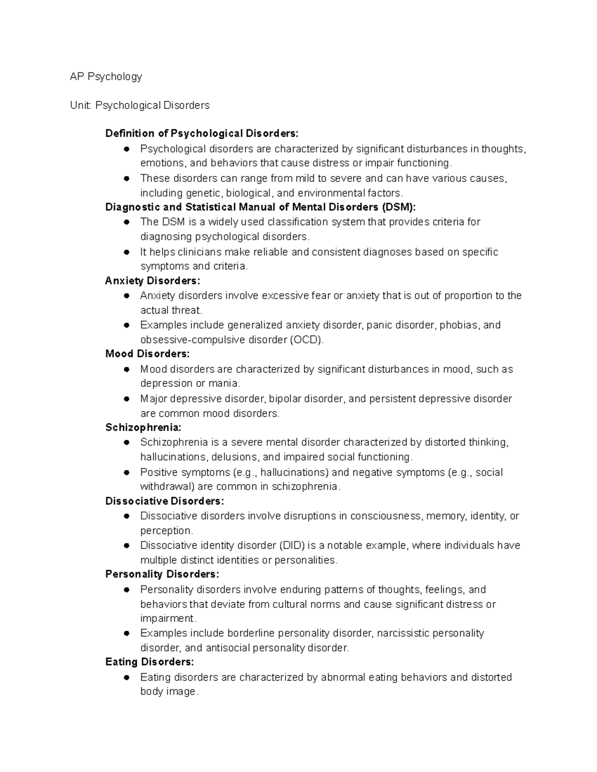 AP Psychology - Overview of Psychological Disorders and Treatments ...