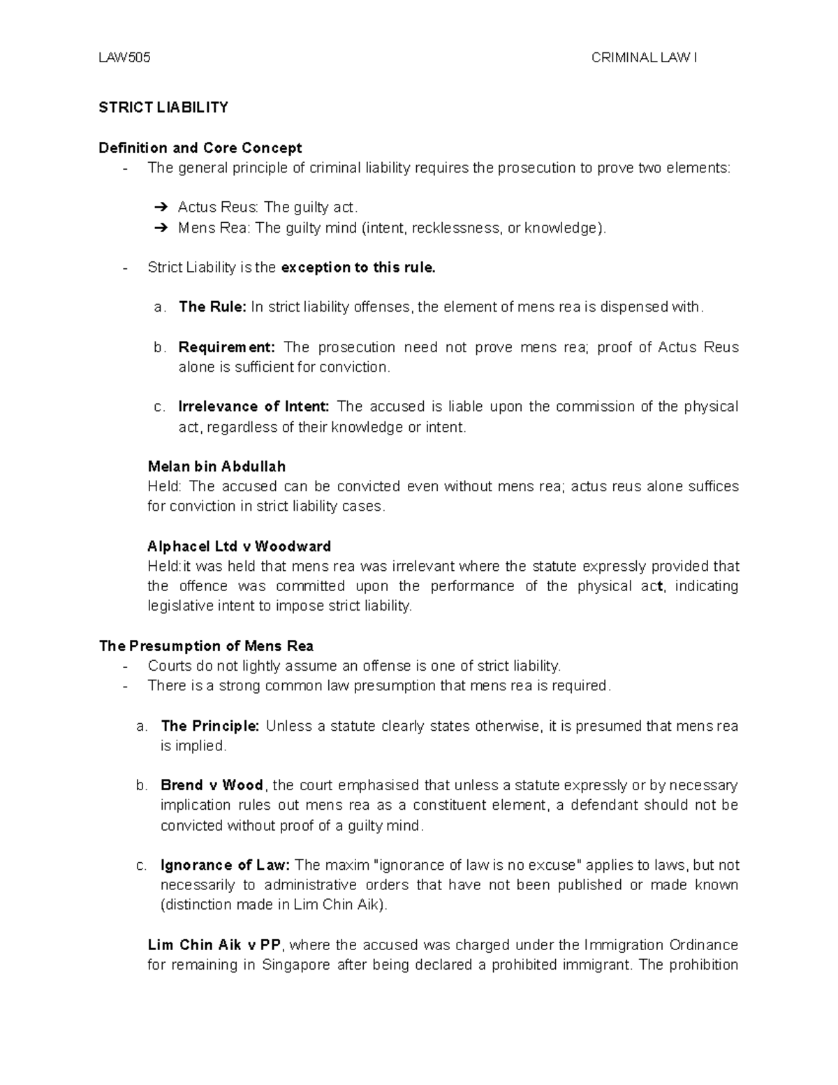 LAW505 Criminal Law I: Understanding Strict Liability Principles - Studocu