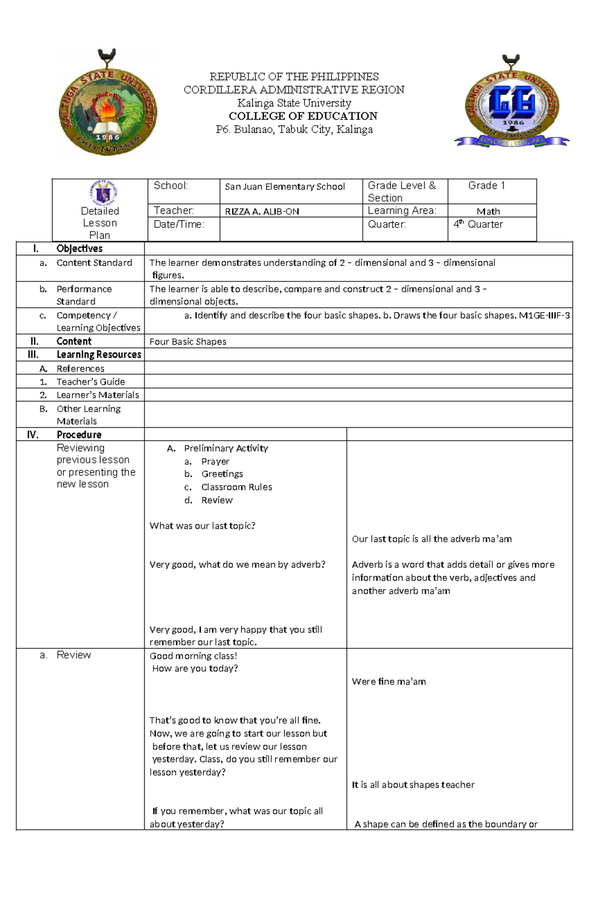 Dimension shape - lesson plan - REPUBLIC OF THE PHILIPPINES CORDILLERA ADMINISTRATIVE REGION ...