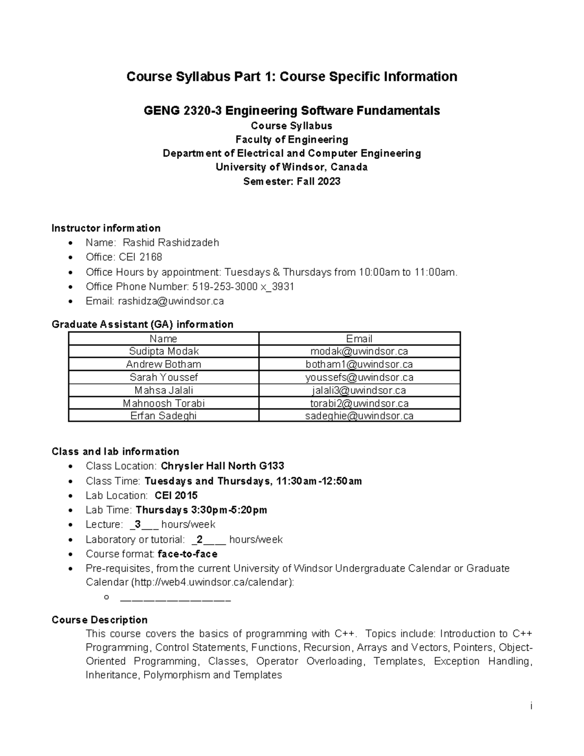 GENG 2320-Fall 2023 Engineering Software Fundamentals Syllabus - Studocu