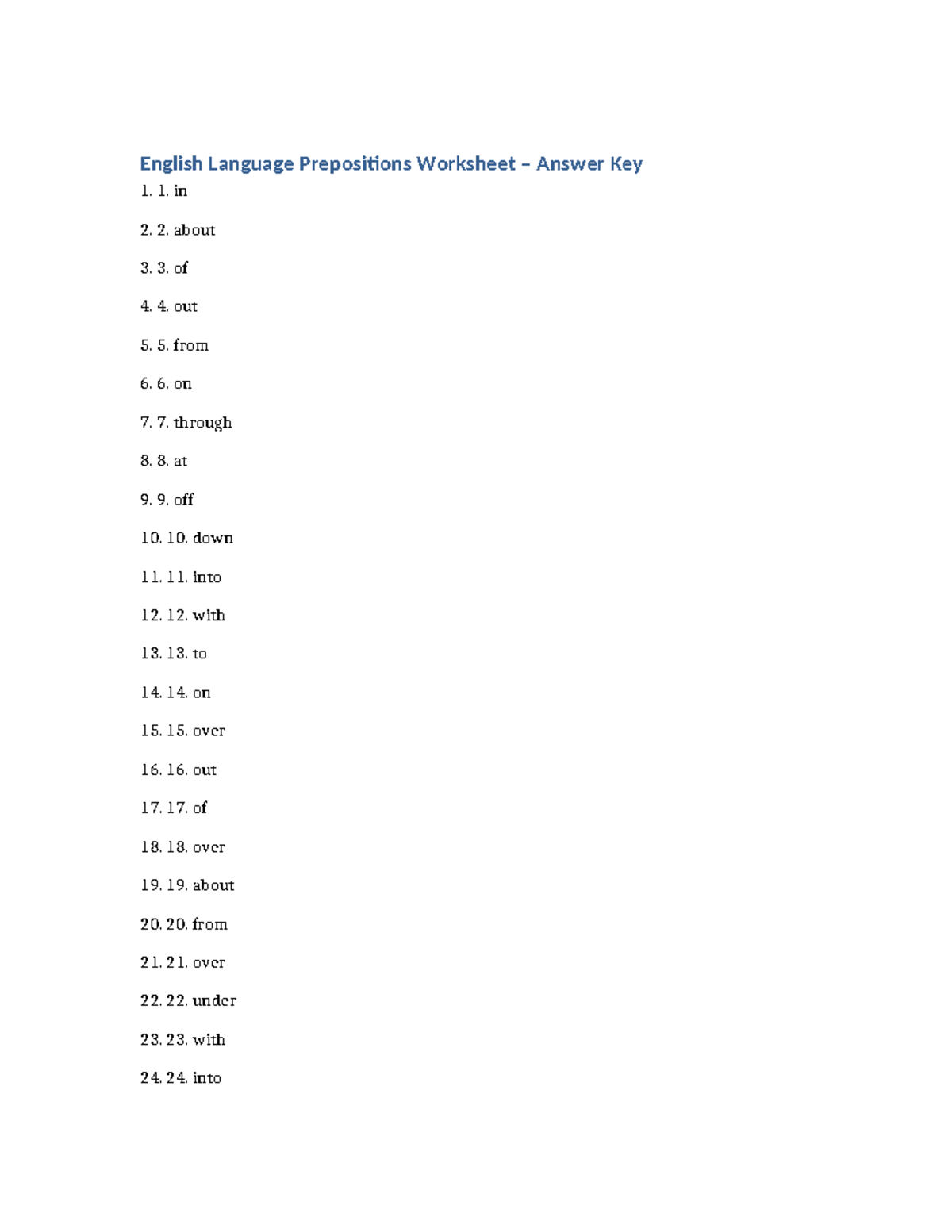 English Language Prepositions Worksheet Answer Key - Studocu