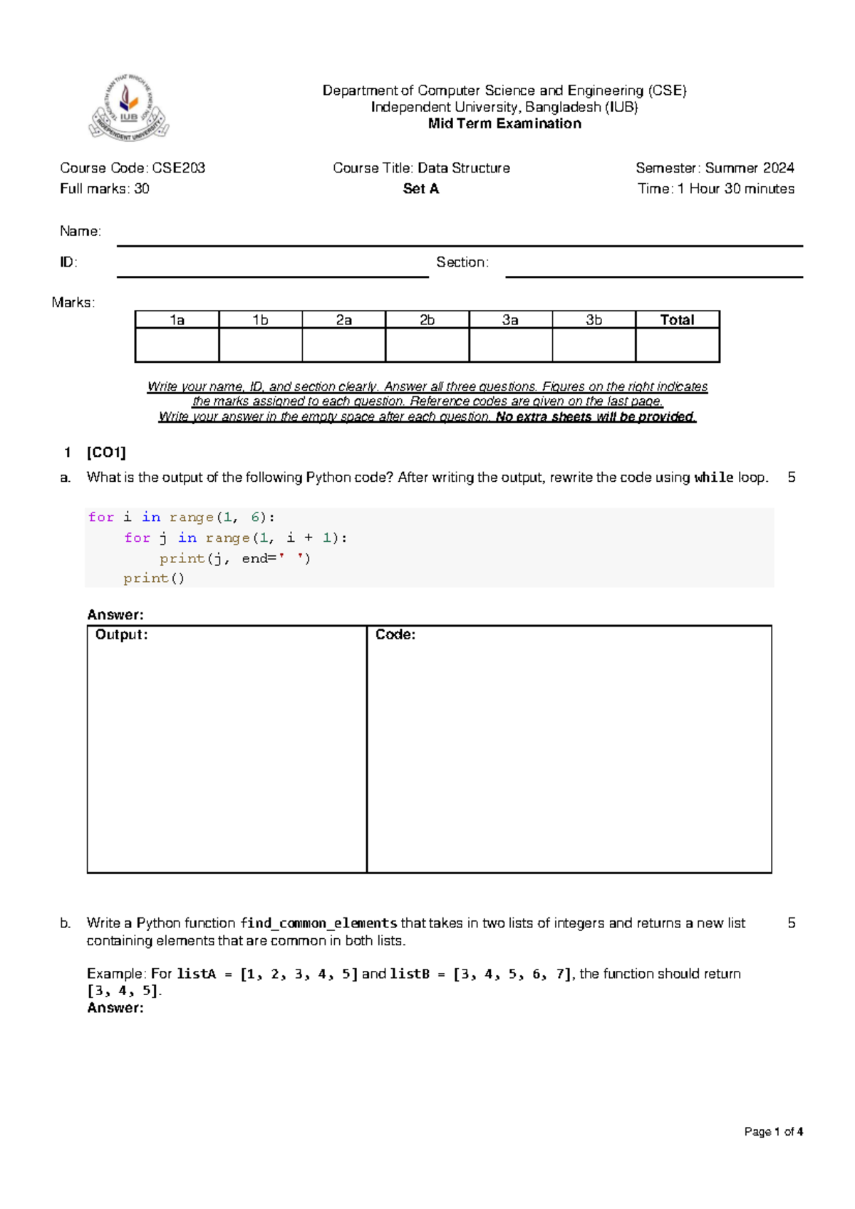 CSE203 Midterm Exam Summer 2024: Data Structures Set A - Studocu