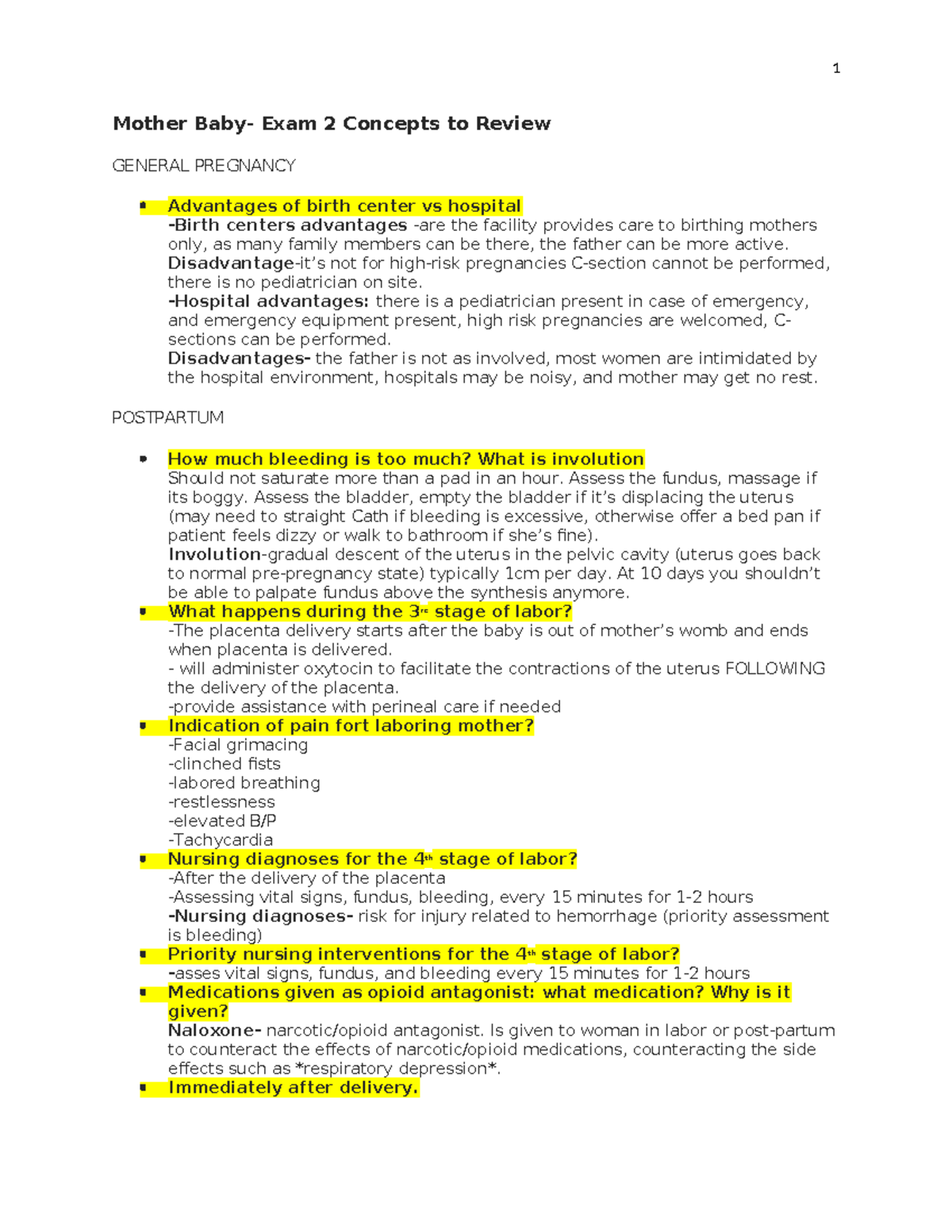 Mother-Baby Exam 2: Key Concepts Review for Nursing Students - Studocu