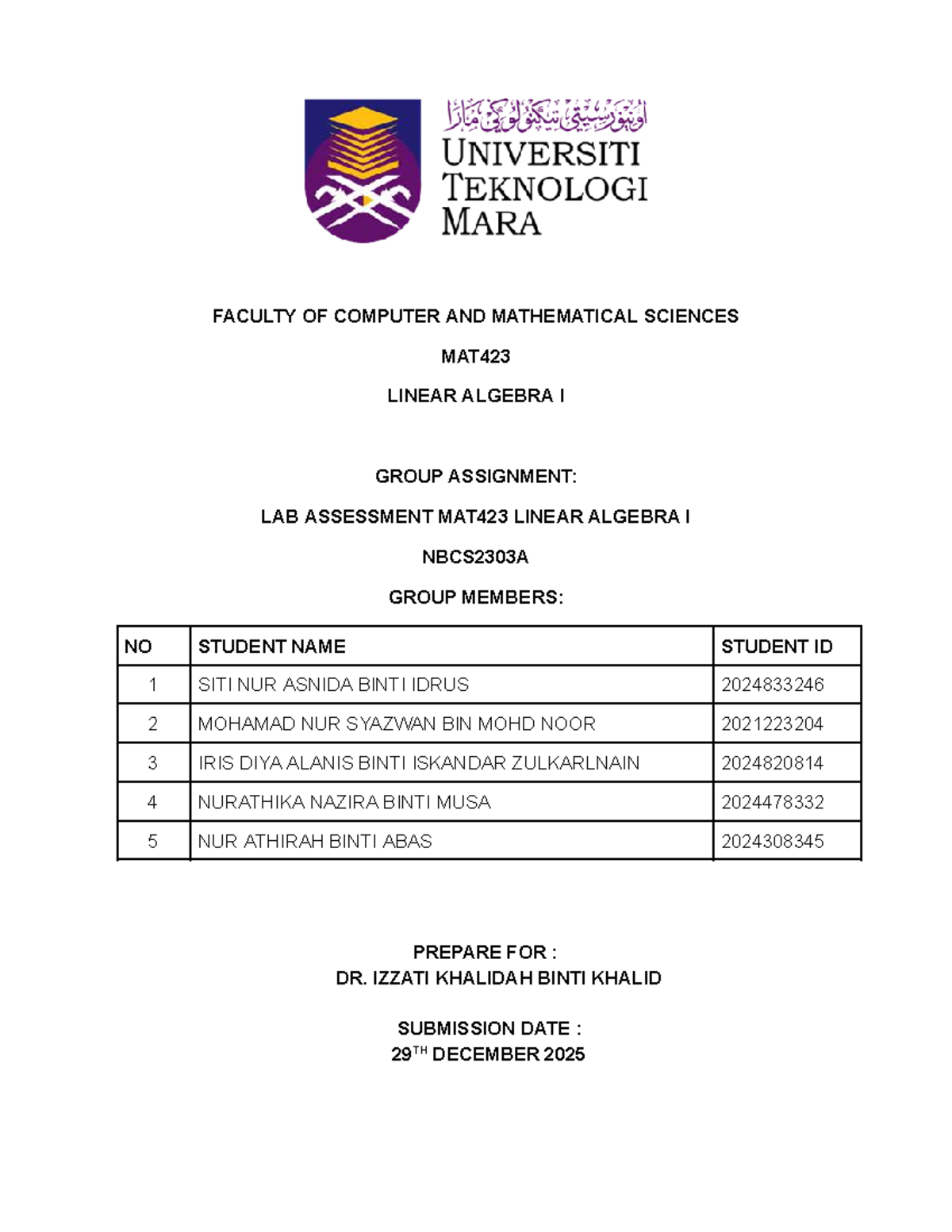 LAB Assessment for MAT423: Linear Algebra I Group Assignment - Studocu