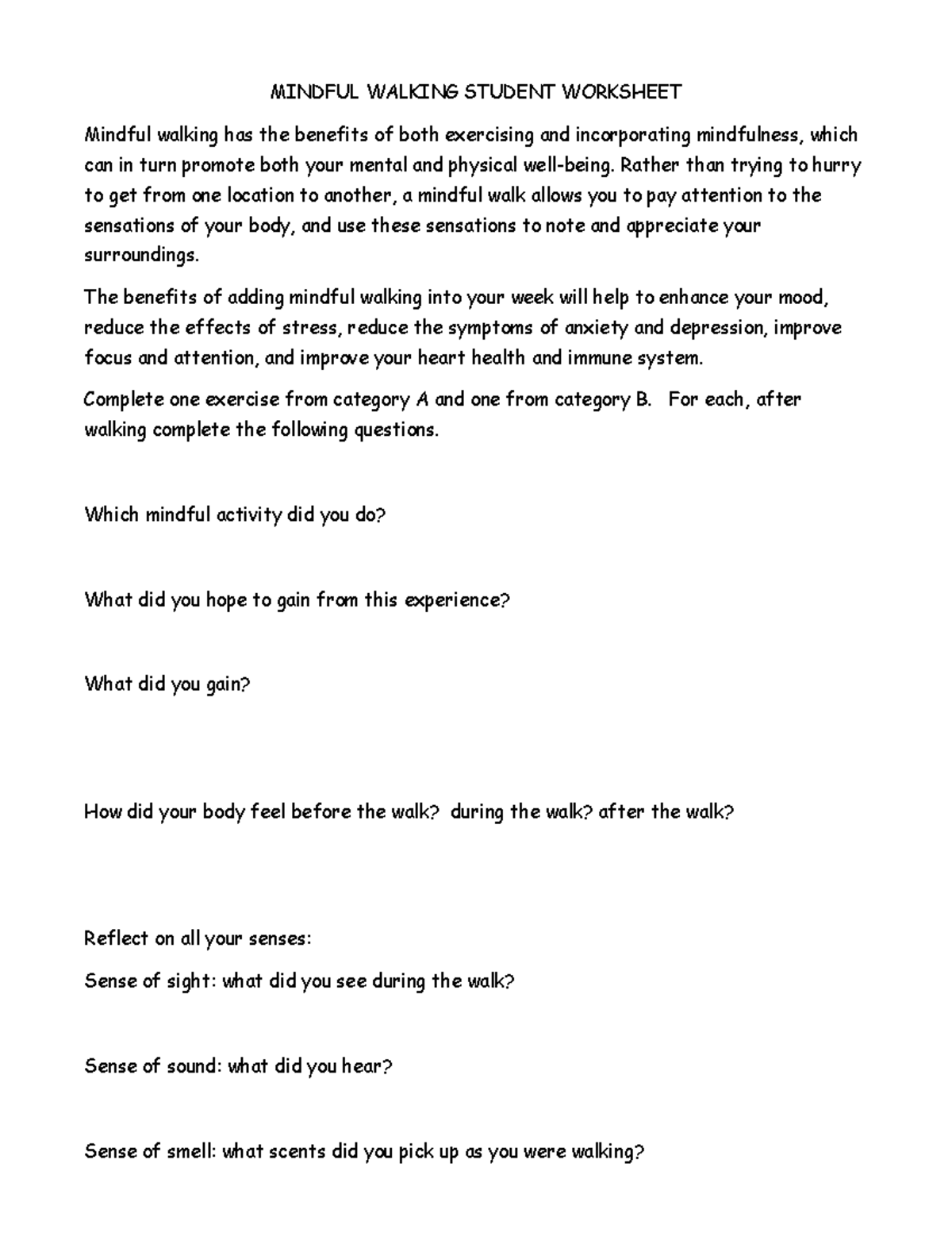 Mindful Walking Worksheet: Benefits & Reflections - Studocu