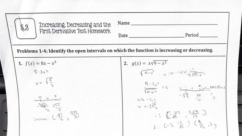 HW 5.3 First Derivative Test: Increasing & Decreasing Intervals - Studocu