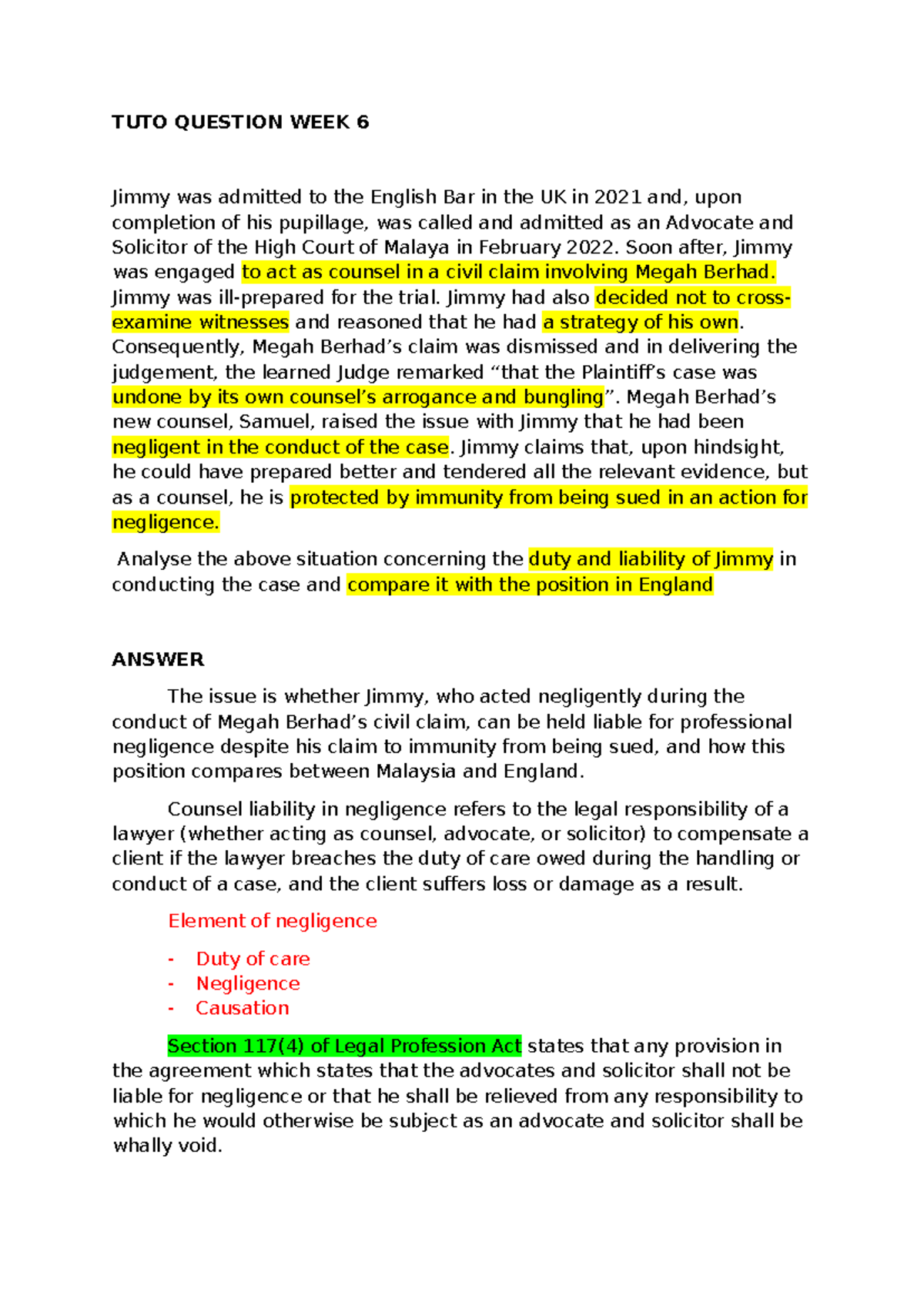 TUTO Question WEEK 6: Analyzing Jimmy's Professional Negligence - Studocu