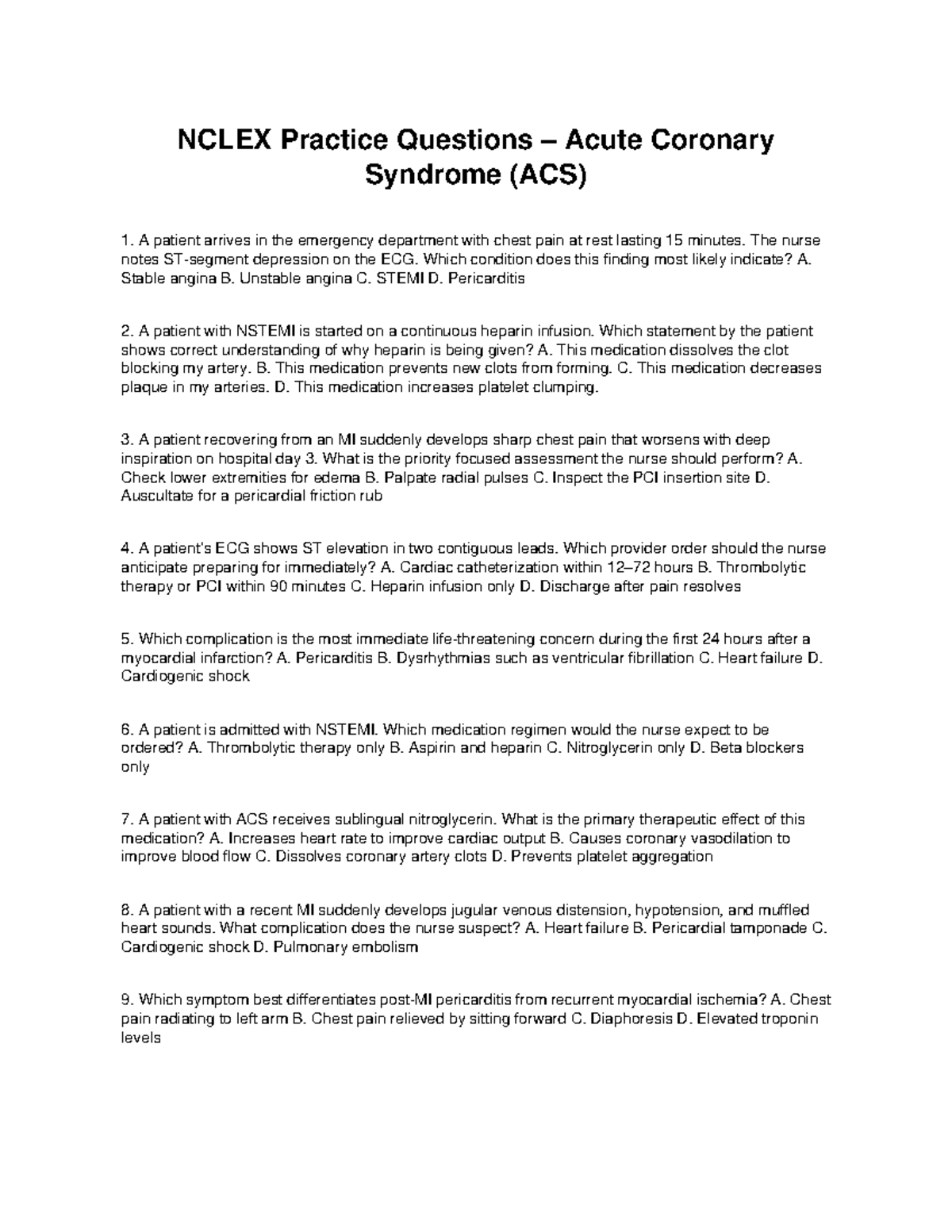 NCLEX Practice Questions: Acute Coronary Syndrome (ACS) - Studocu