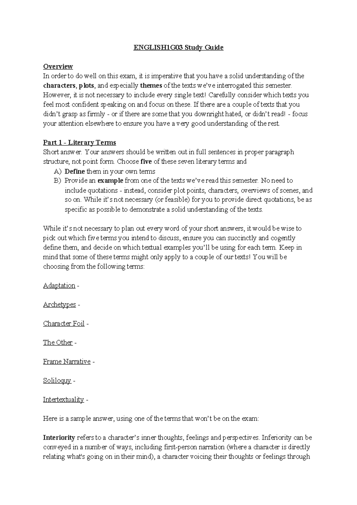 ENG 1G03 Final Exam Study Guide: Key Literary Terms & Themes - Studocu