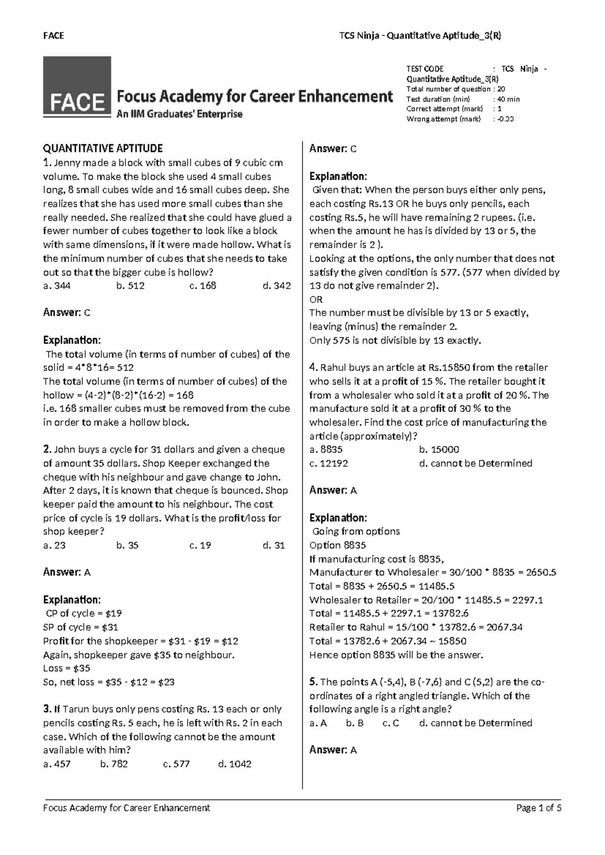 TCS Ninja - Quantitative Aptitude Test 3(R) Study Guide - Studocu