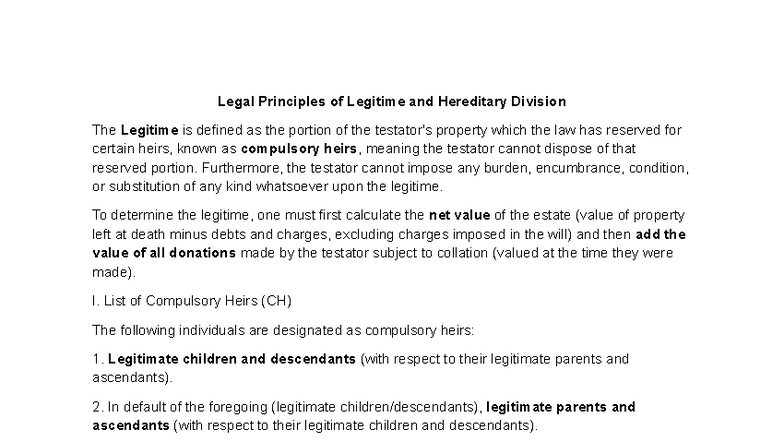 Legal Principles of Legitime & Hereditary Division (LAW 101) - Studocu